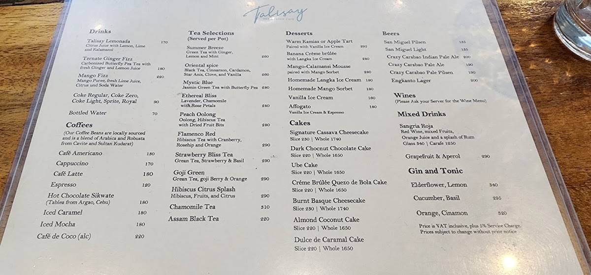 Menu at Talisay The Garden Cafe, Quezon City