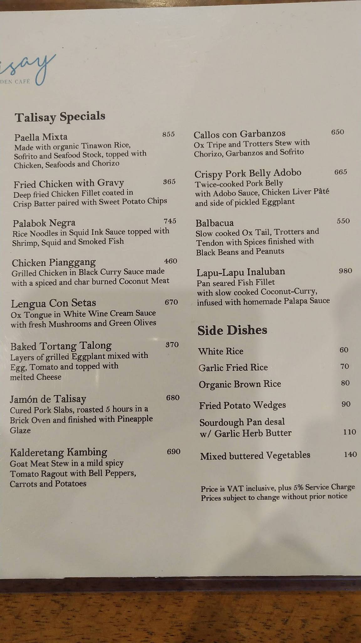 Menu at Talisay The Garden Cafe, Quezon City