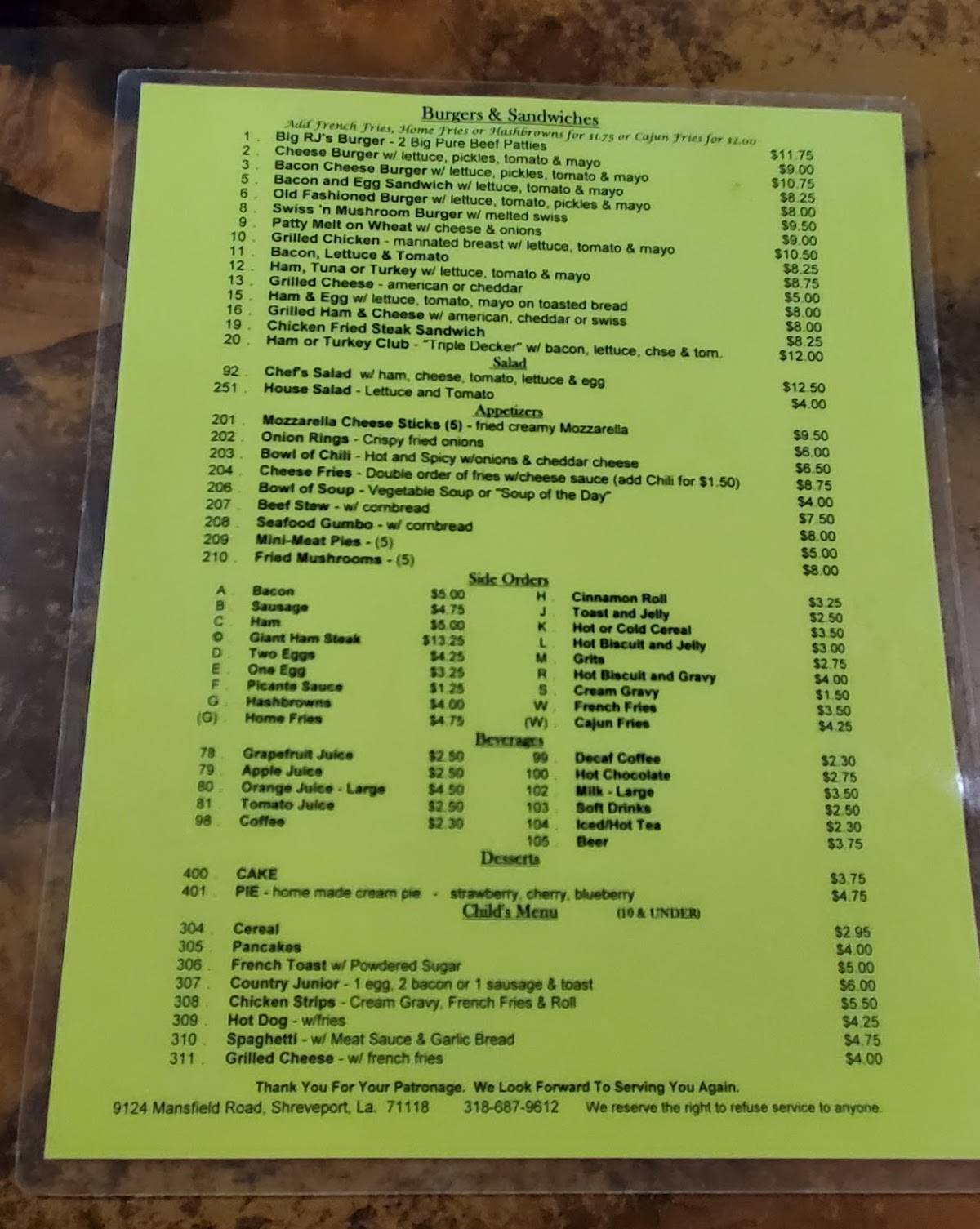 Menu at RJ's restaurant, Shreveport