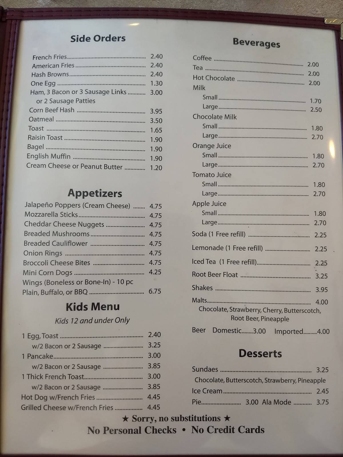 Menu at Park Inn restaurant, Racine