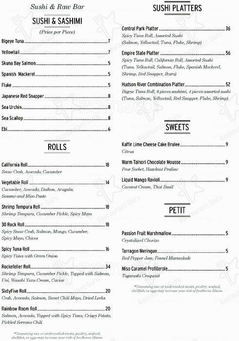 Menu at Rainbow Room pub & bar, West New York, 30 Rockefeller Plz