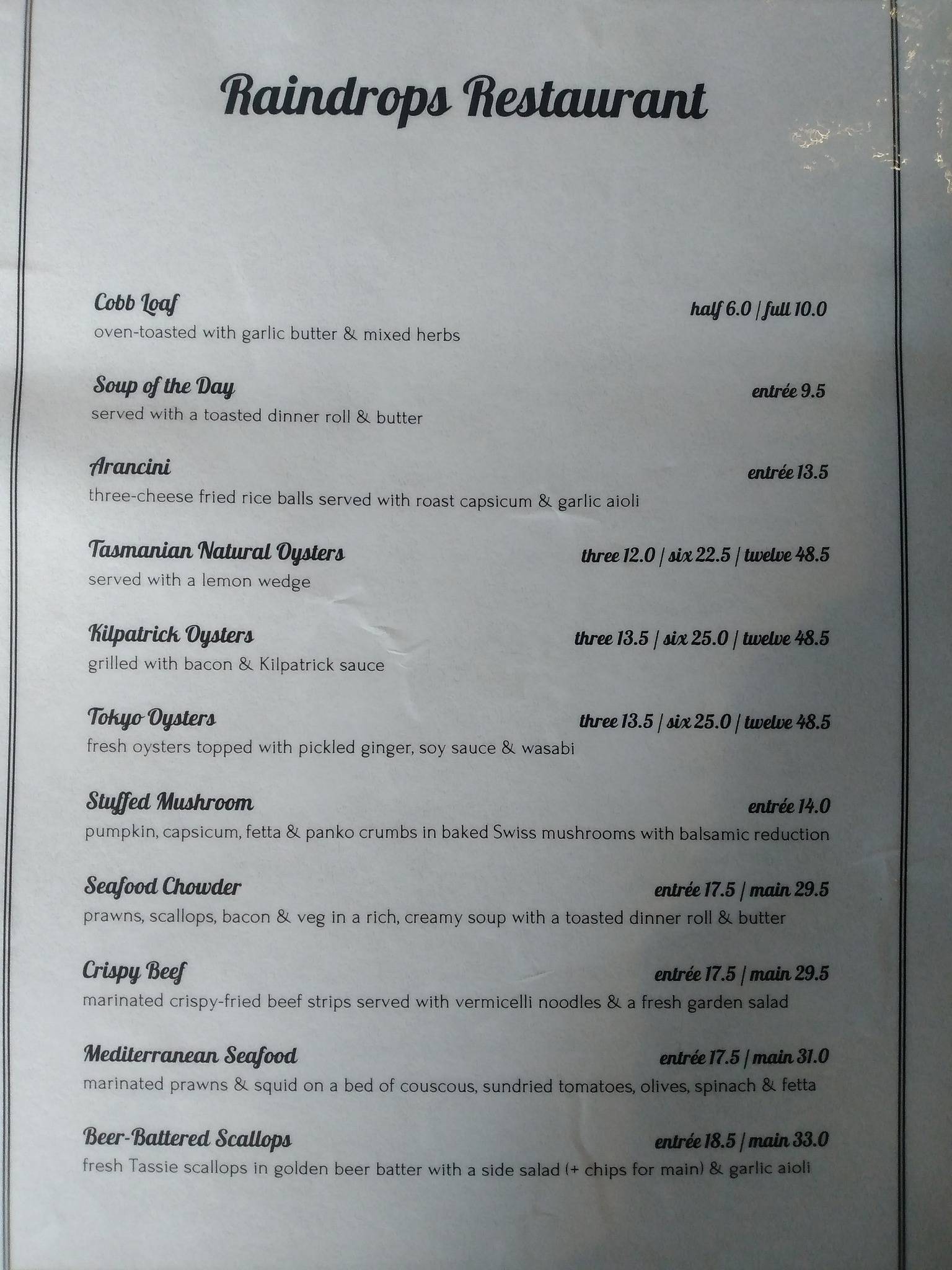 Menu at Raindrops Restaurant, Burnie