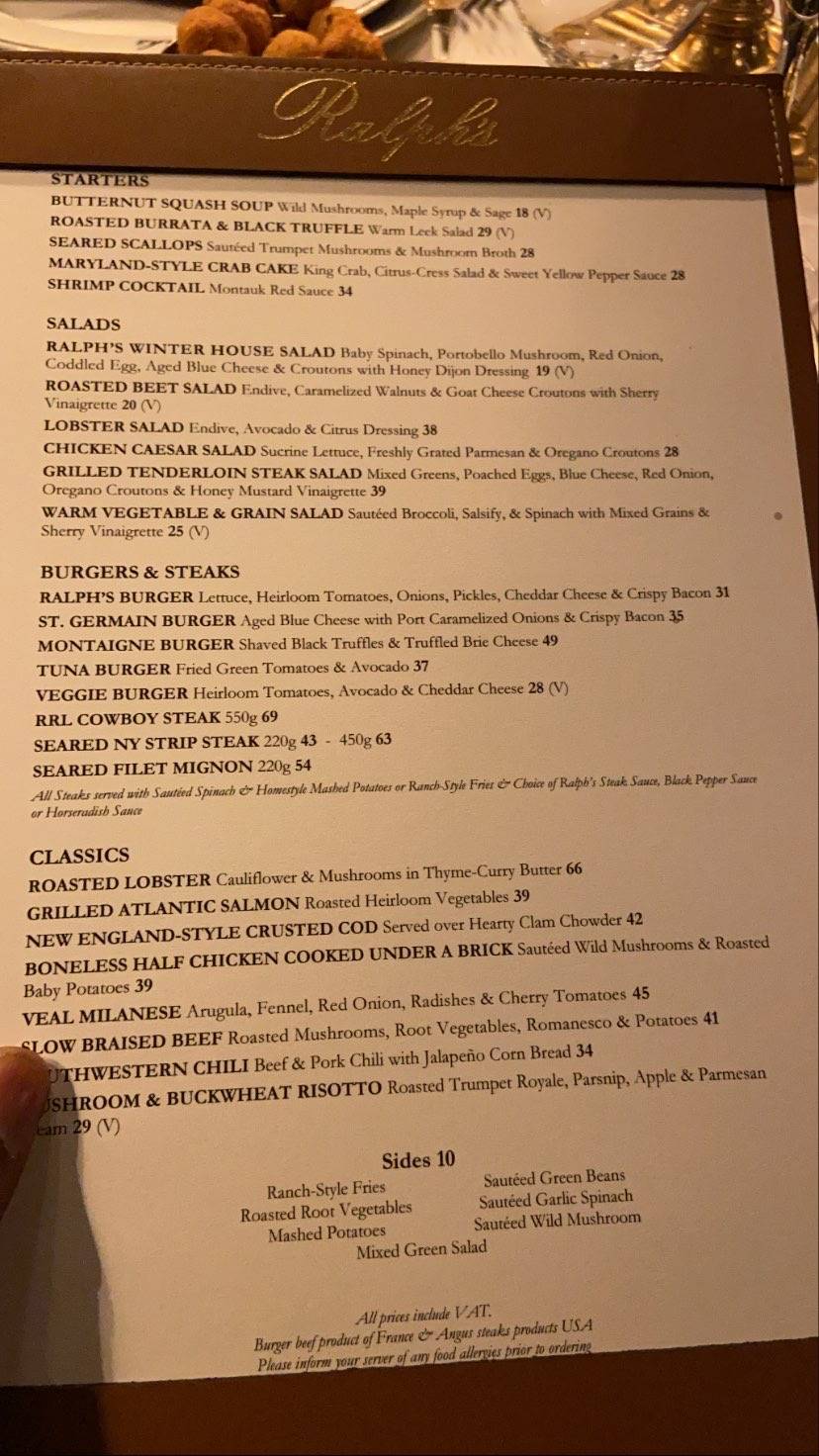 Menu au Ralph's Restaurant, Paris