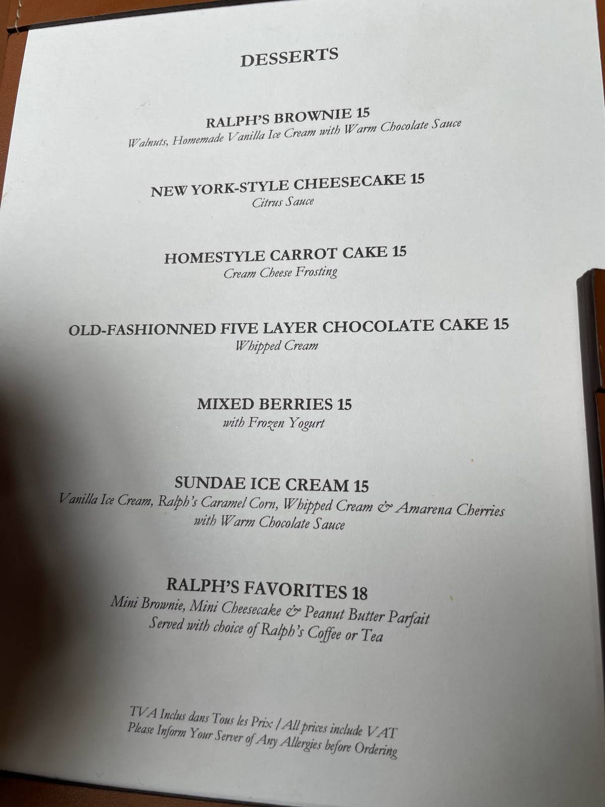 Menu au Ralph's Restaurant, Paris