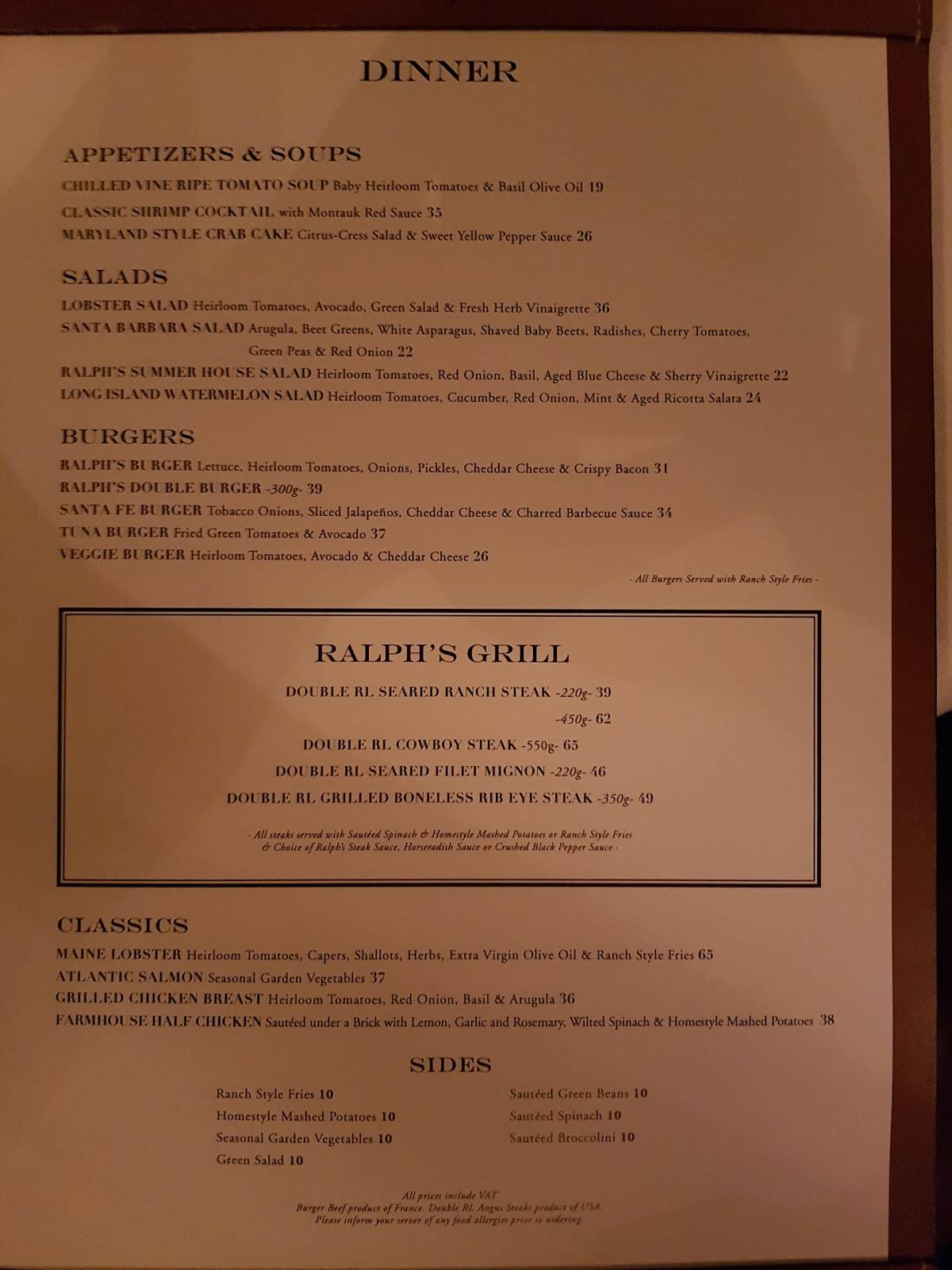 Menu au Ralph's Restaurant, Paris