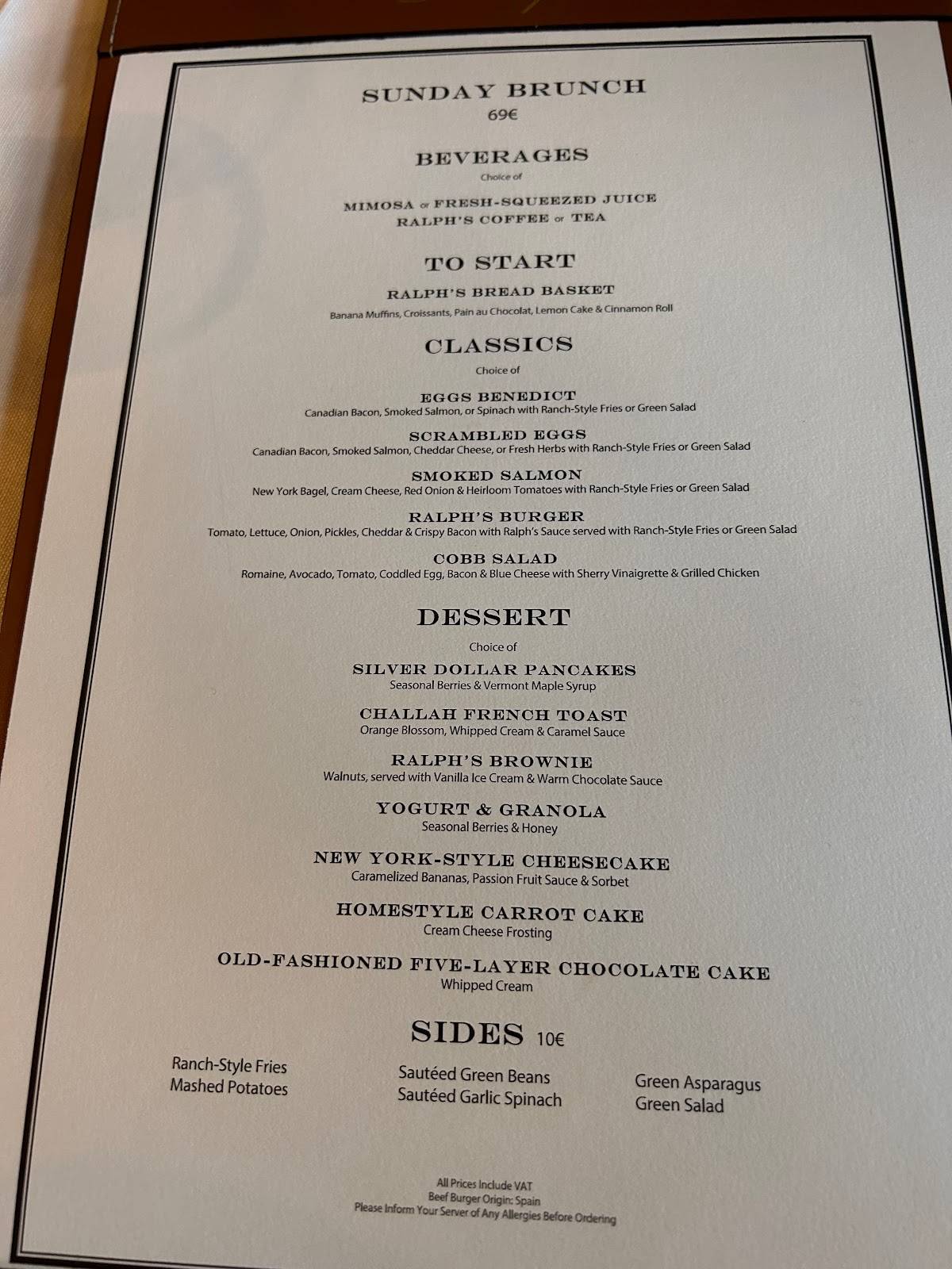 Menu au Ralph's Restaurant, Paris