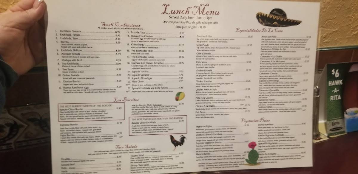 Menu at Rancho Chico restaurant, Colville