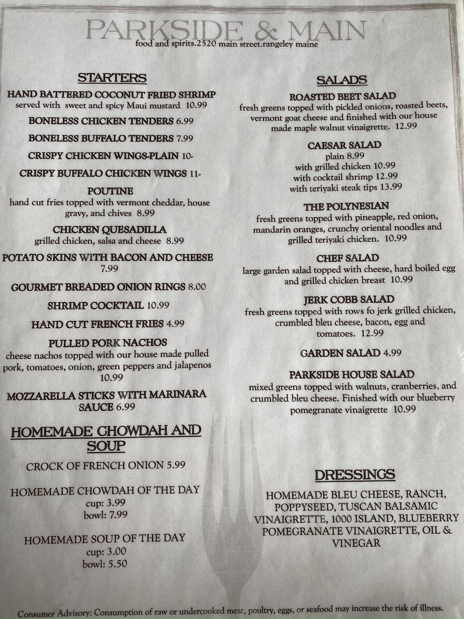 Menu at Parkside & Main restaurant, Rangeley