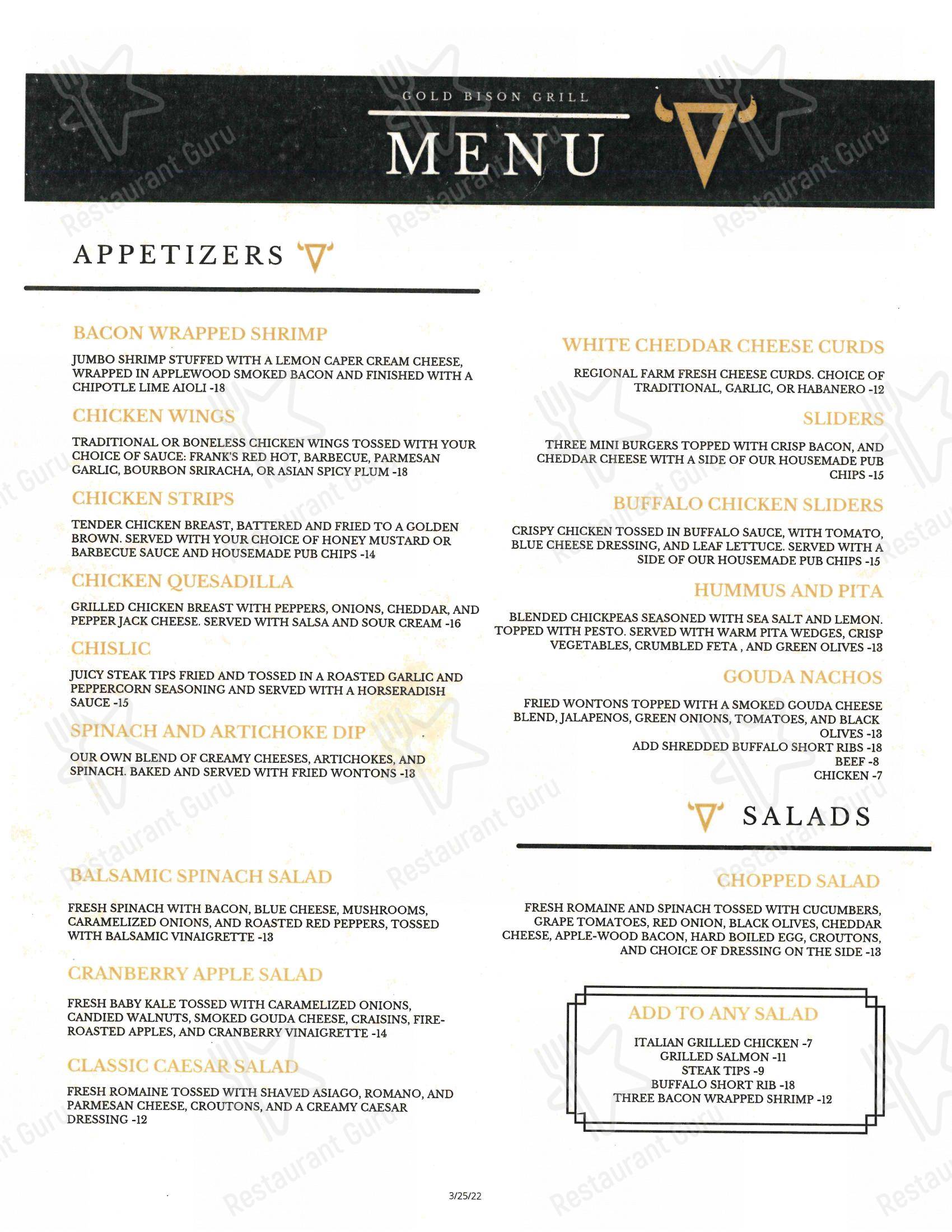 Menu at Gold Bison Grill cafe, Rapid City