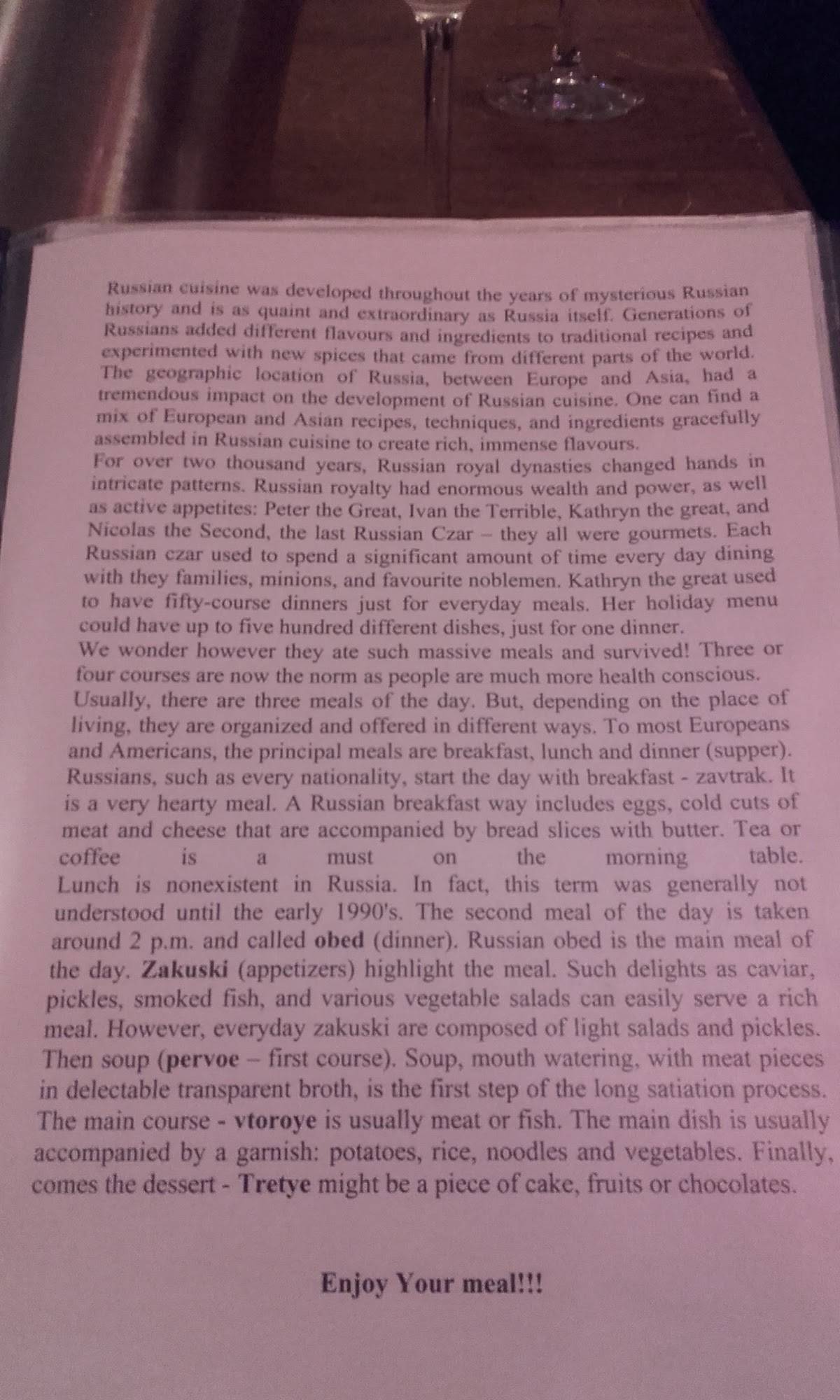 Menu at Rasputin restaurant, Swaffham