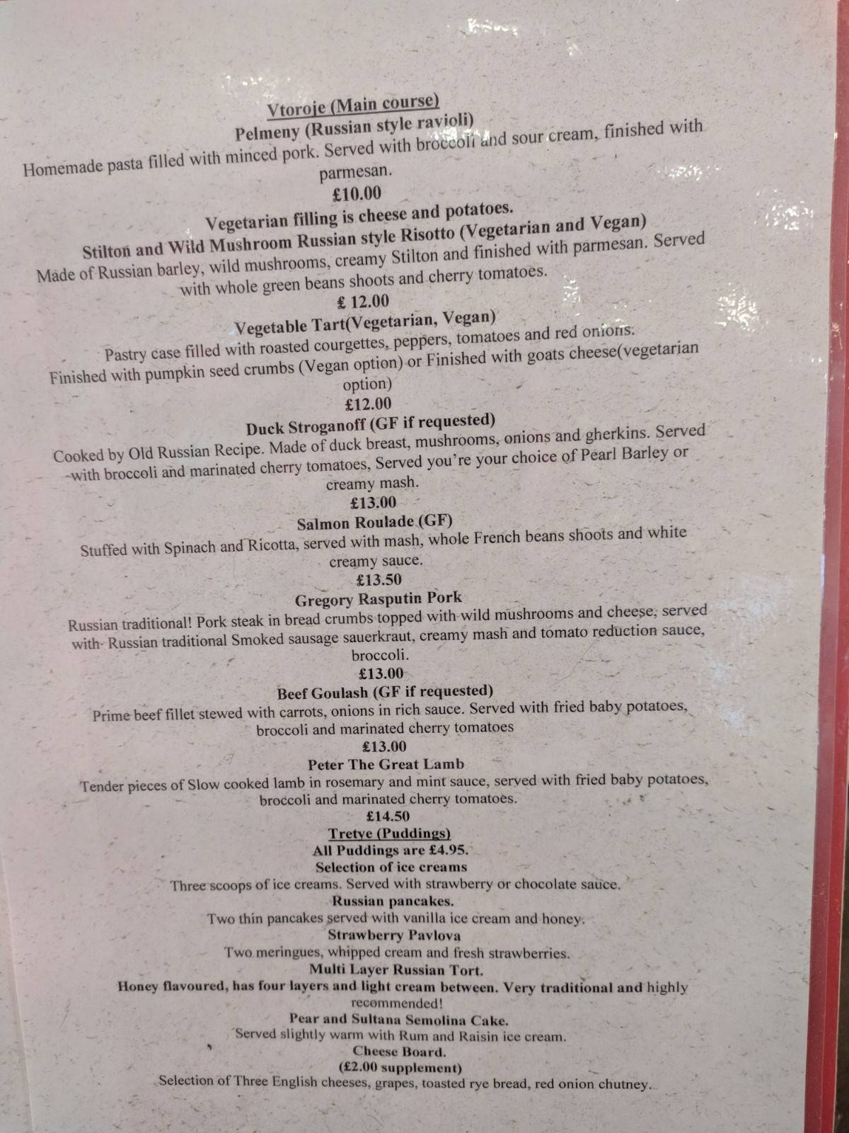 Menu at Rasputin restaurant, Swaffham