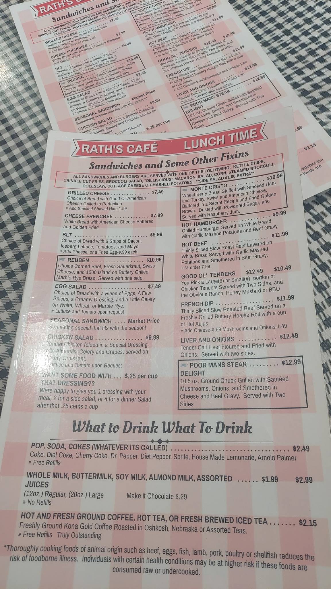 Menu at Rath's Cafe, Aurora