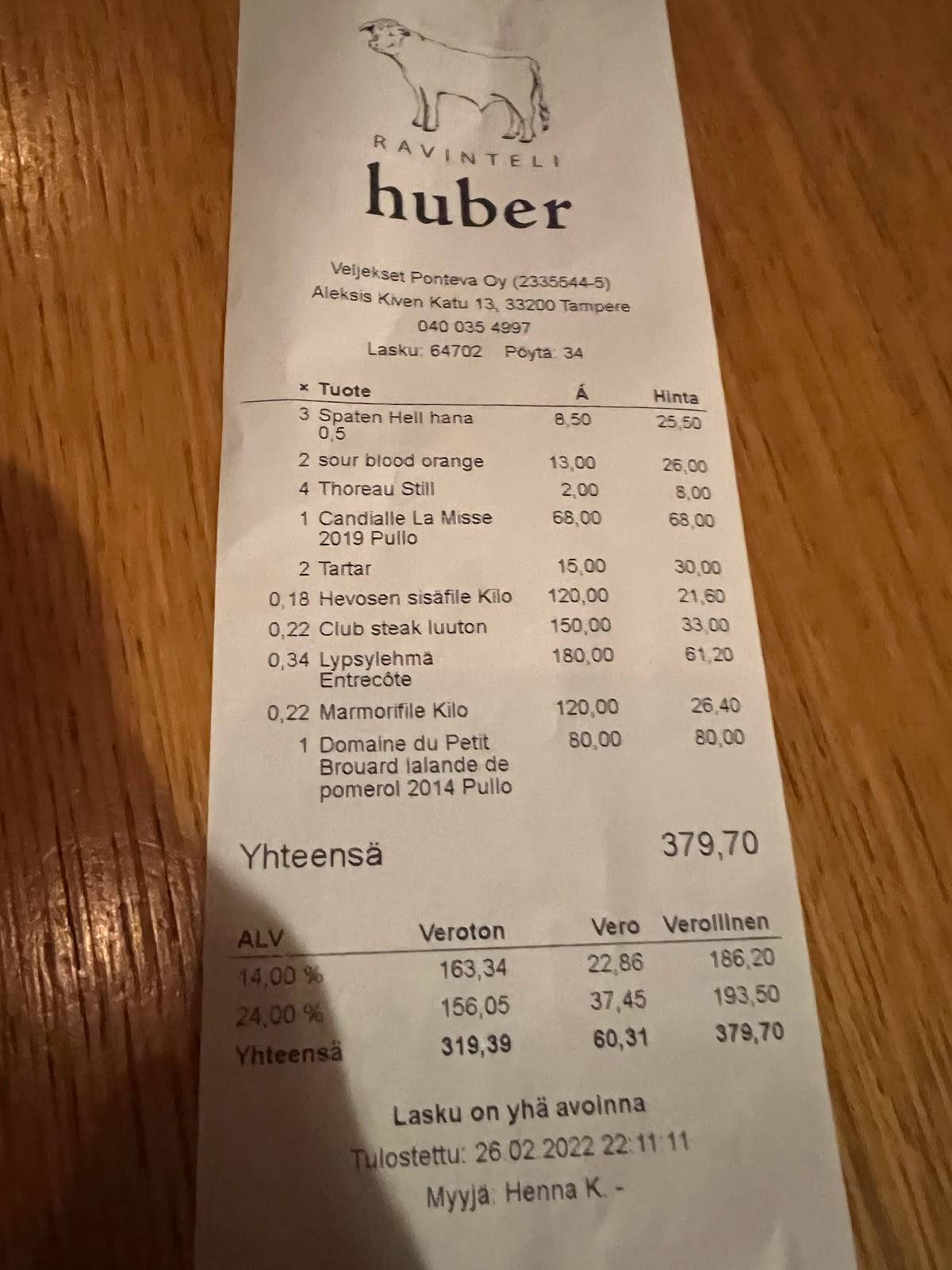 Menu at Ravinteli Huber steakhouse, Tampere
