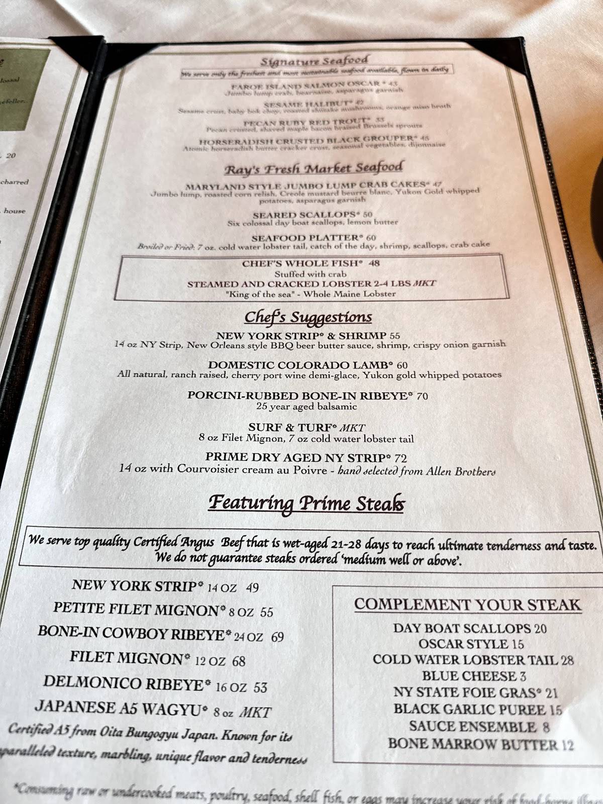 Menu at Ray's on the River steakhouse, Sandy Springs