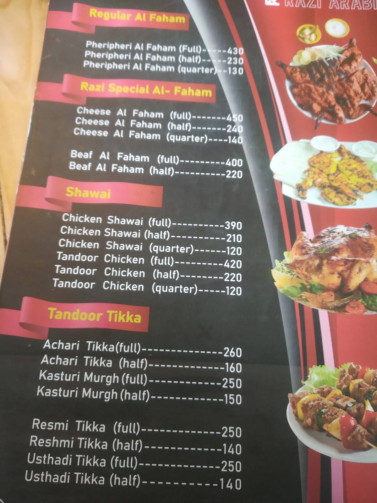 Menu at Razi Arabia, Alappuzha