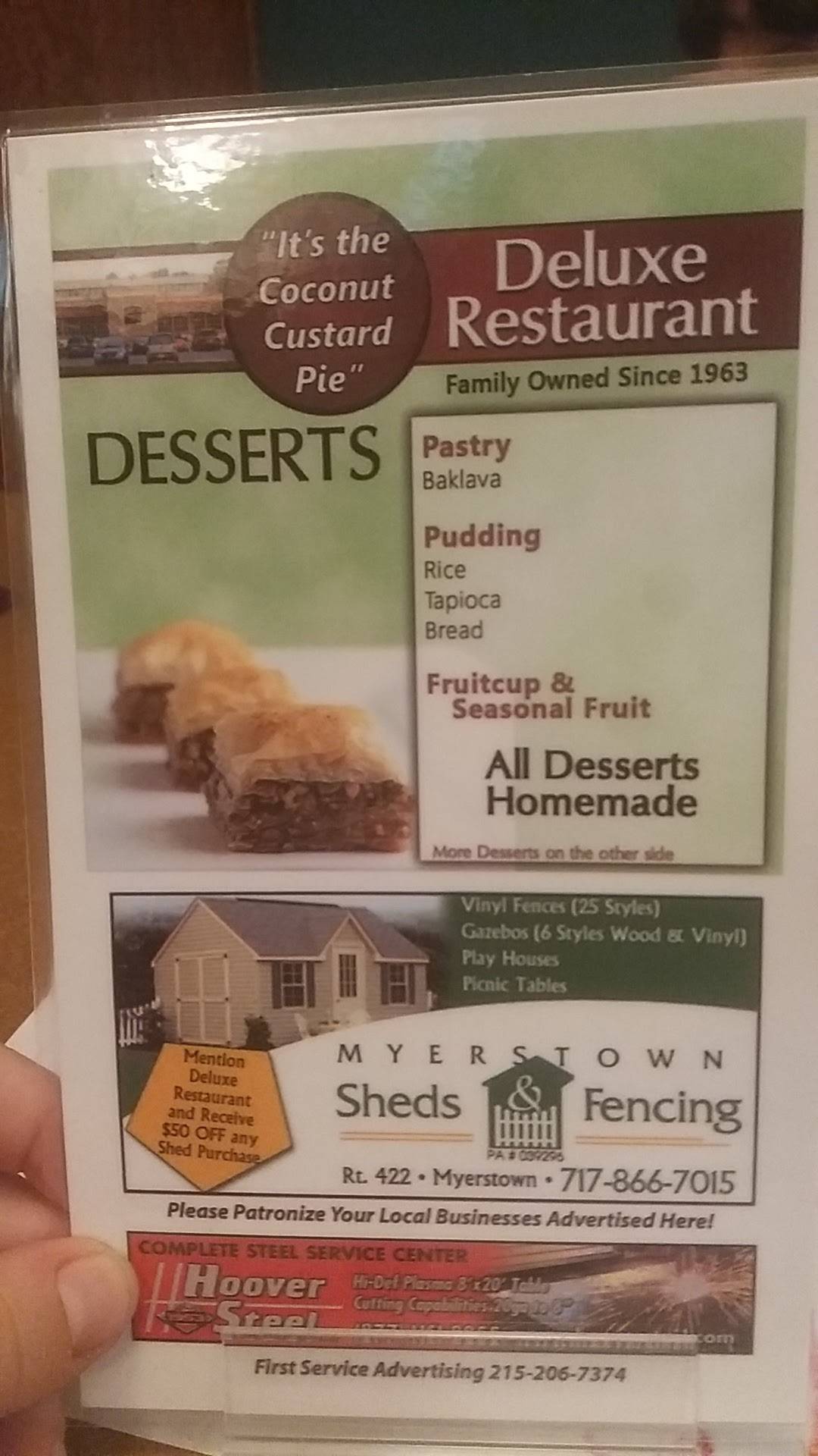 Menu at Deluxe Diner restaurant, Shillington