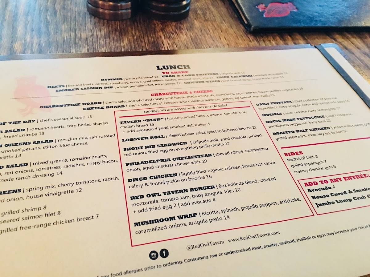 Menu at Red Owl Tavern restaurant, Philadelphia