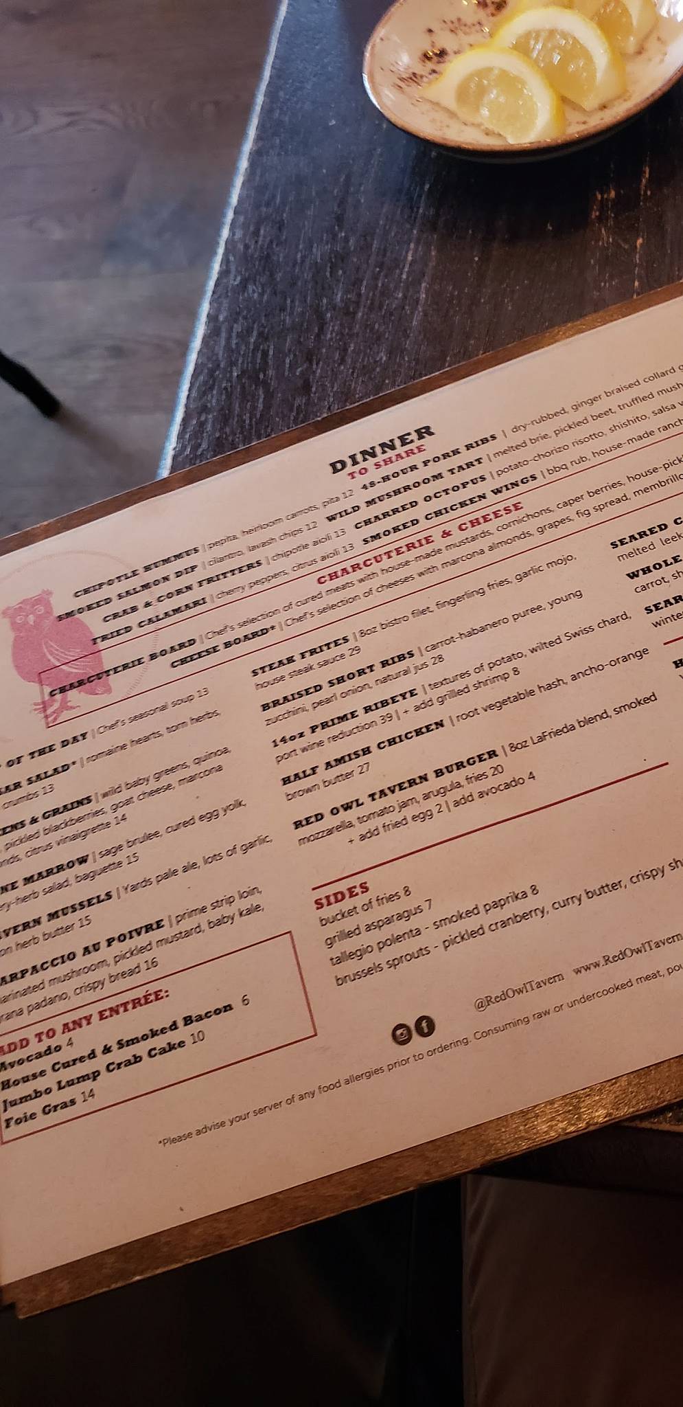 Menu at Red Owl Tavern restaurant, Philadelphia