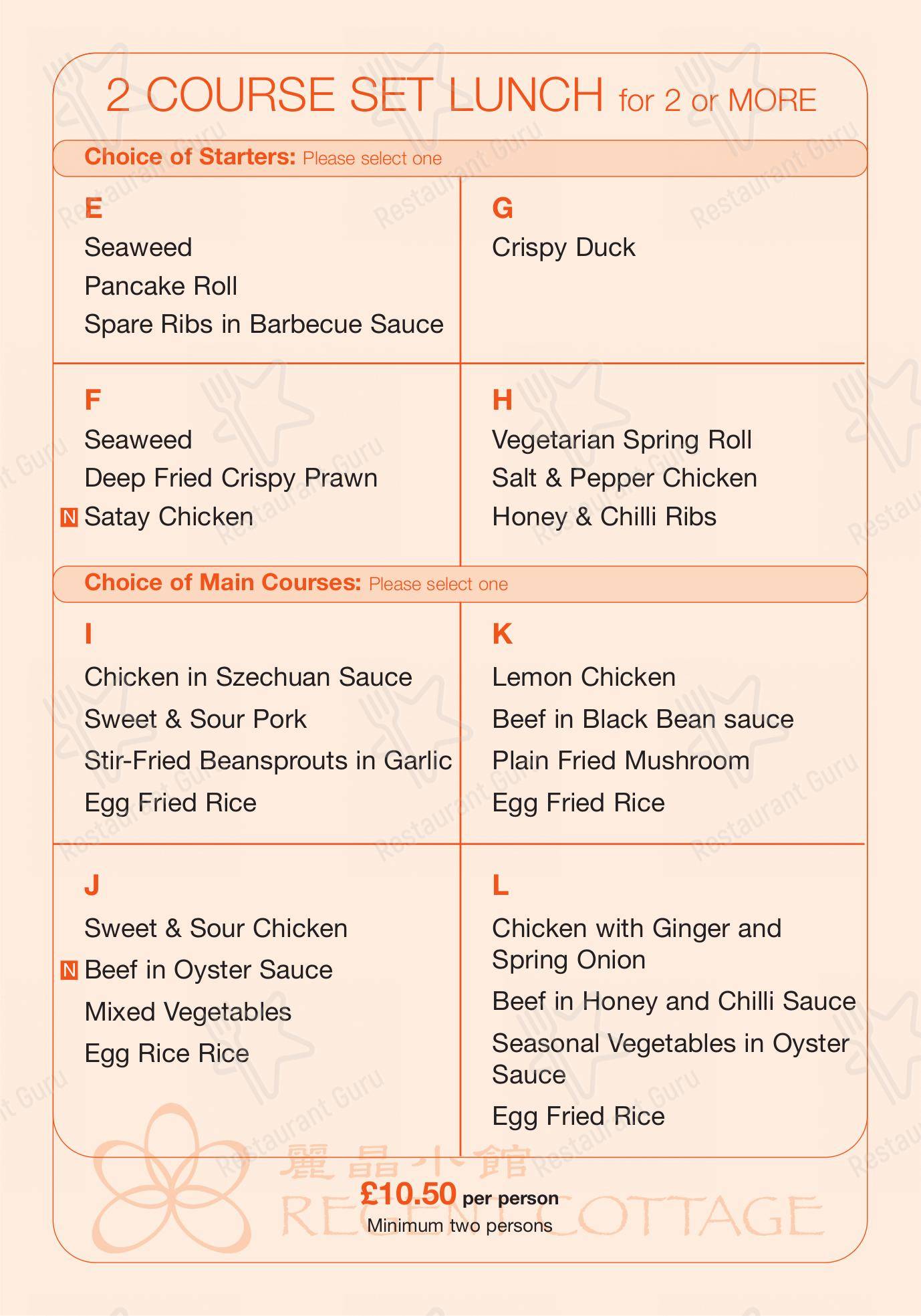 Menu at Regent Cottage restaurant, Hitchin