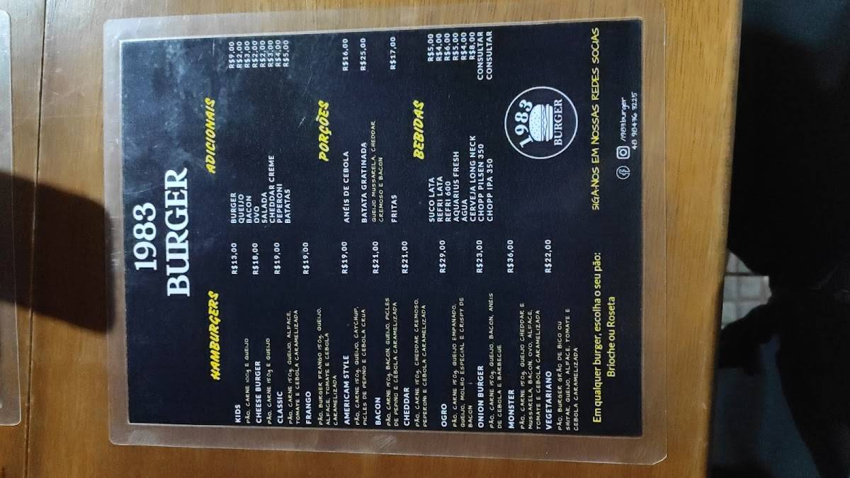 Menu at 1983 Burguer restaurant, Florianópolis