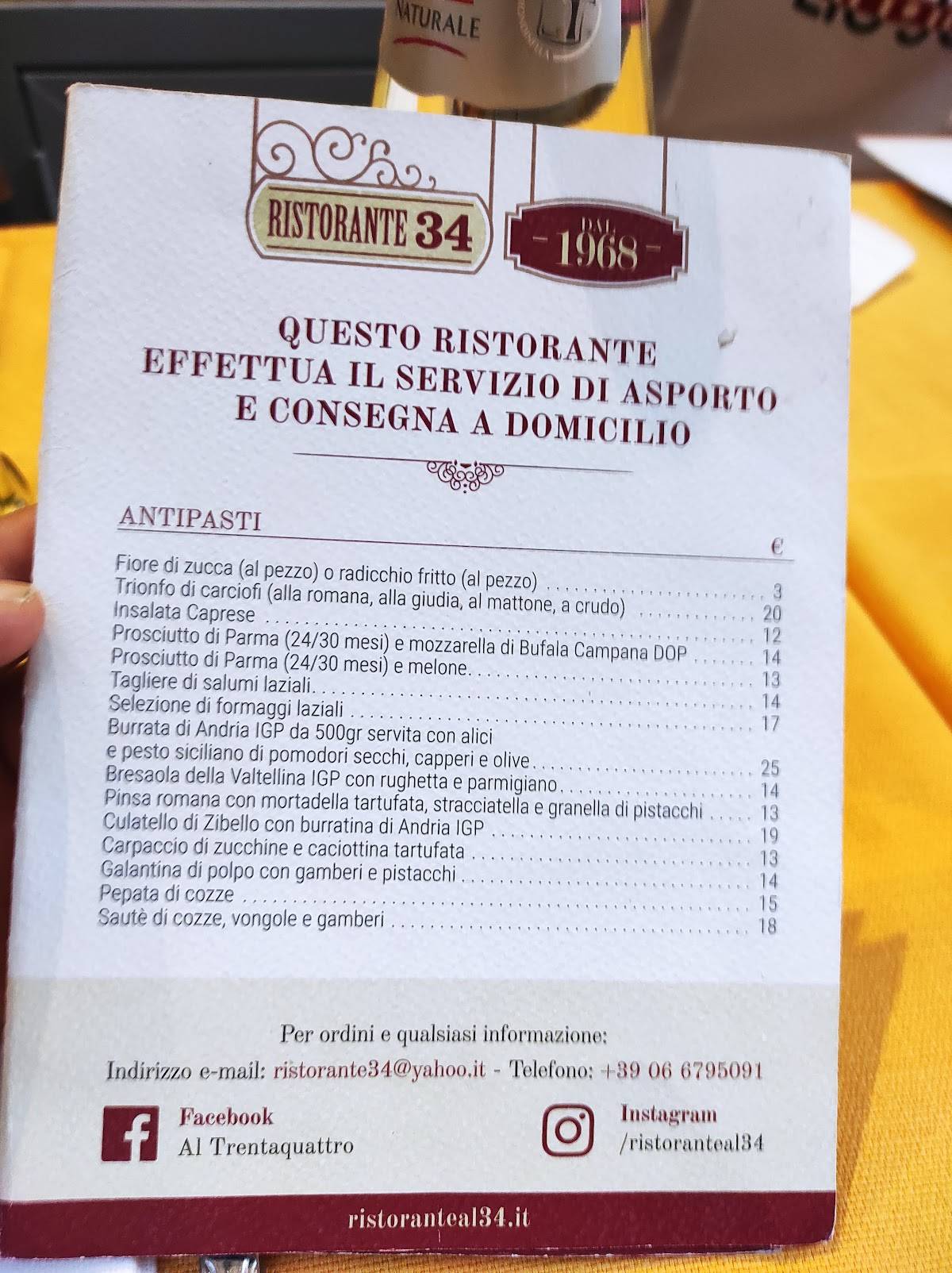 Menu at Al 34 restaurant, Rome