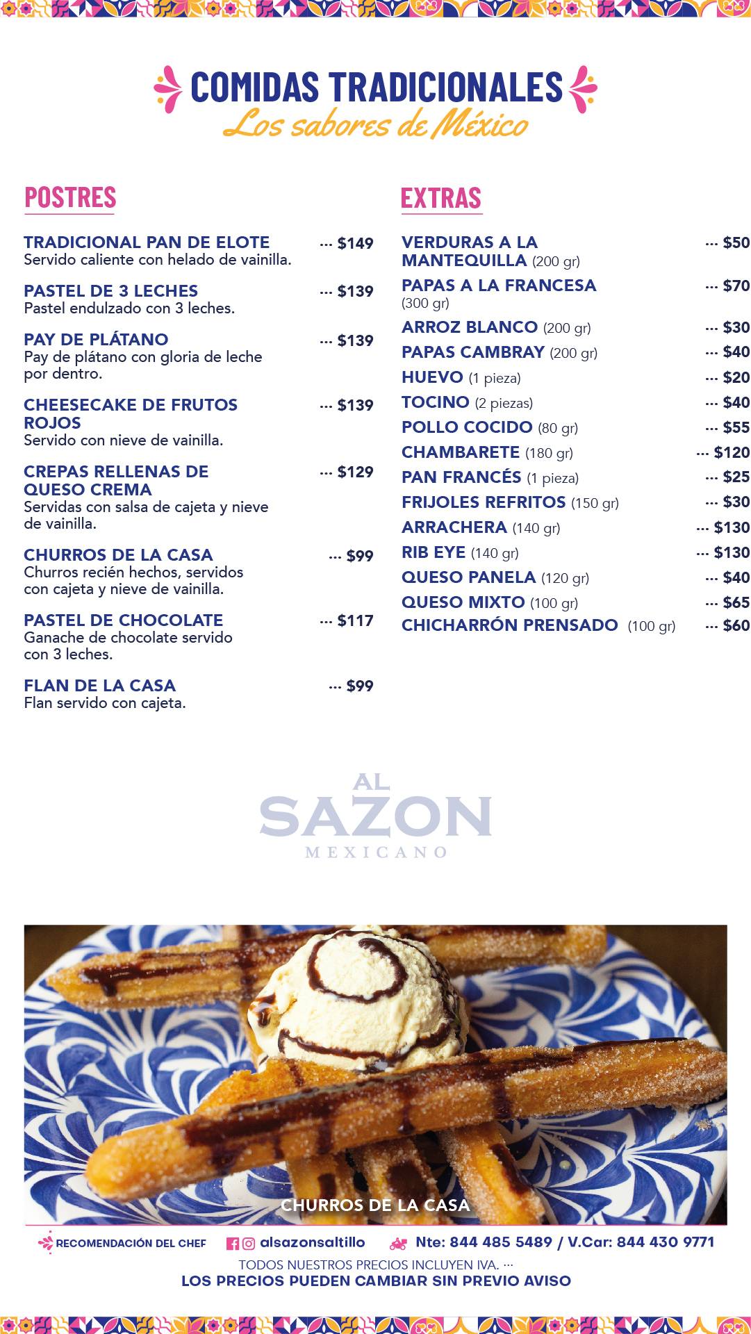 Carta del restaurante Al Sazón Mexicano, Saltillo