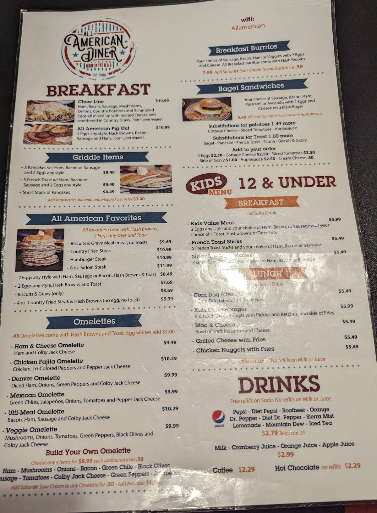 Menu at All American Diner restaurant, Cedar City