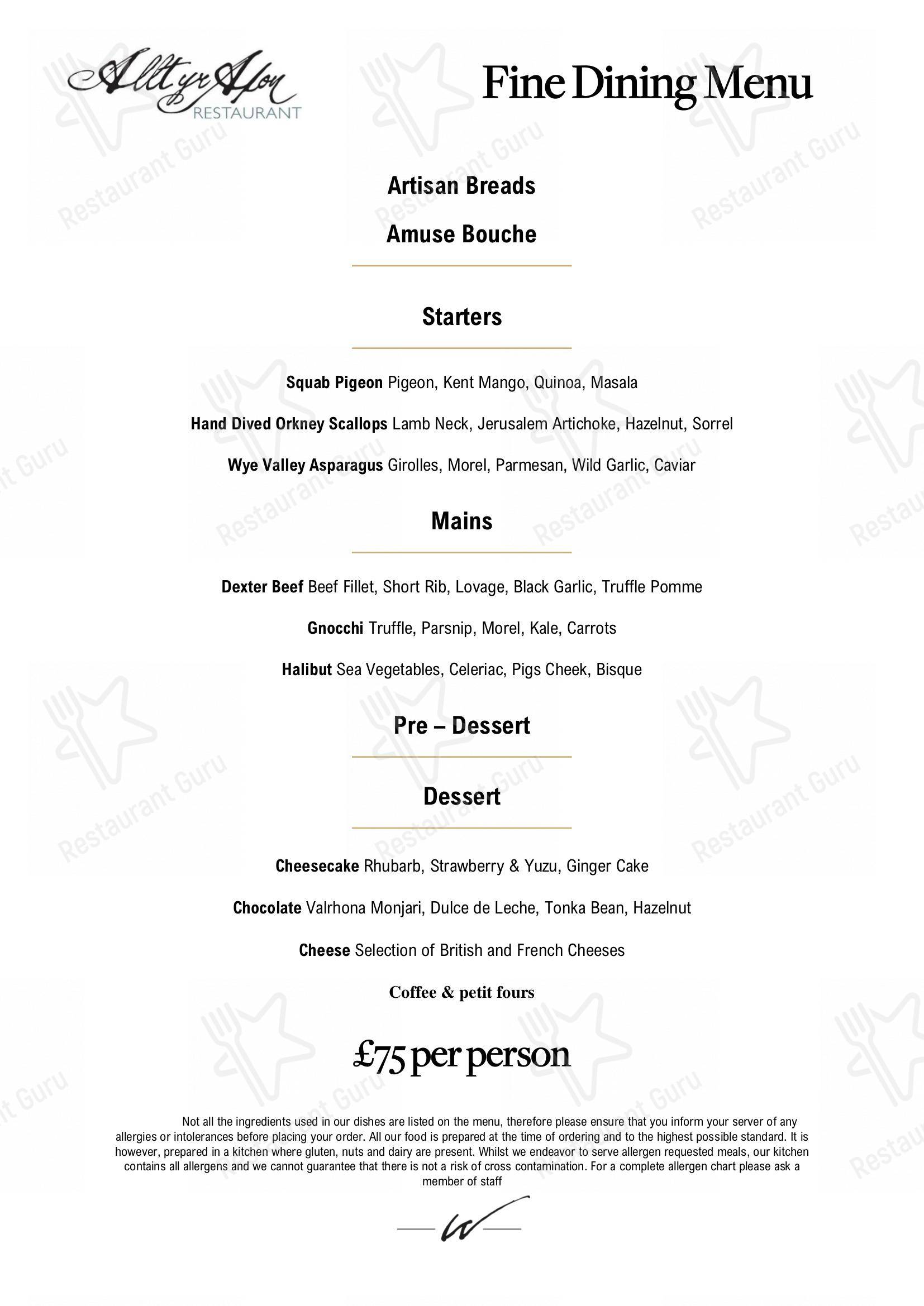 Menu at Allt Yr Afon Restaurant, Letterston