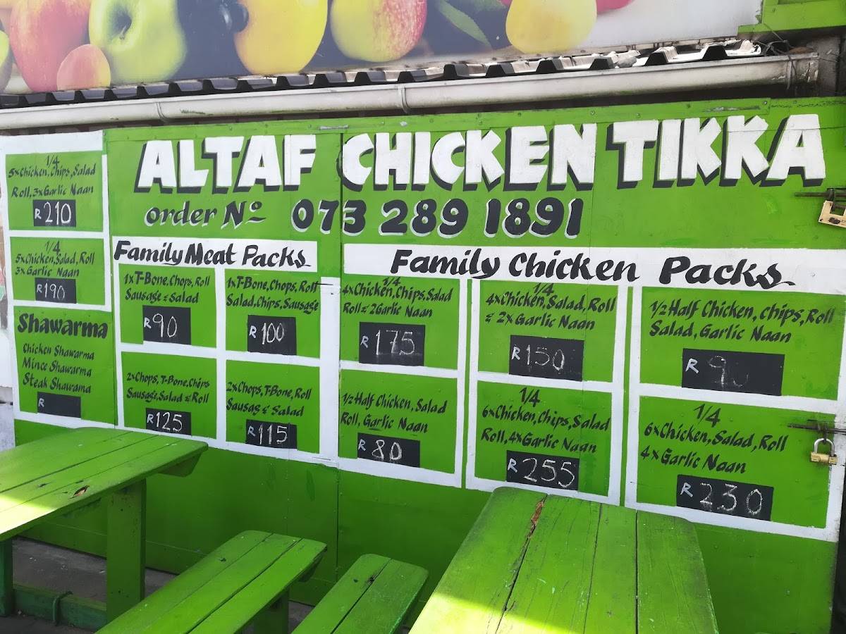 Menu au Altaf Chicken Tikka restaurant, Le Cap
