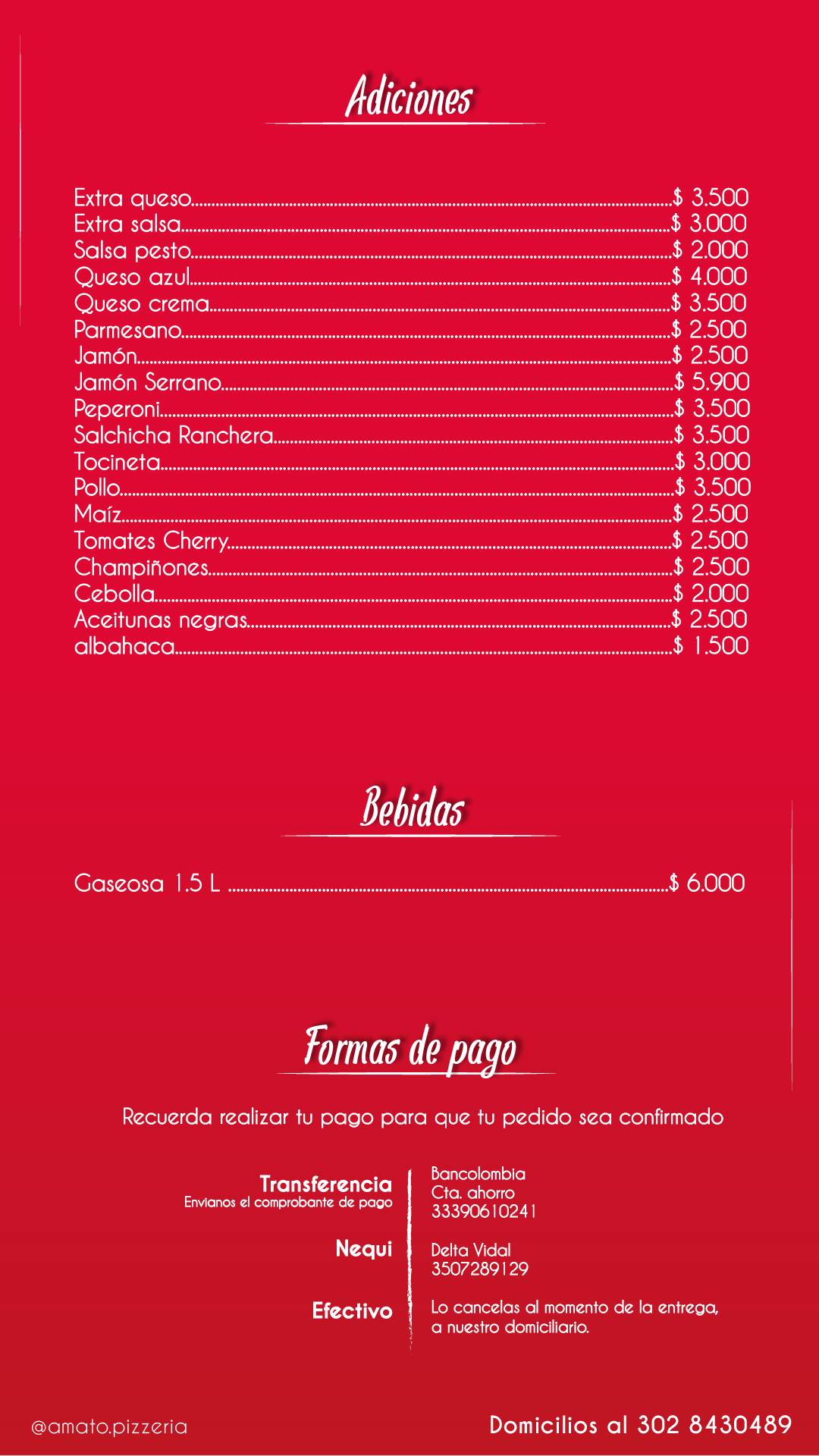 Menu at Amato Pizzería, Medellín