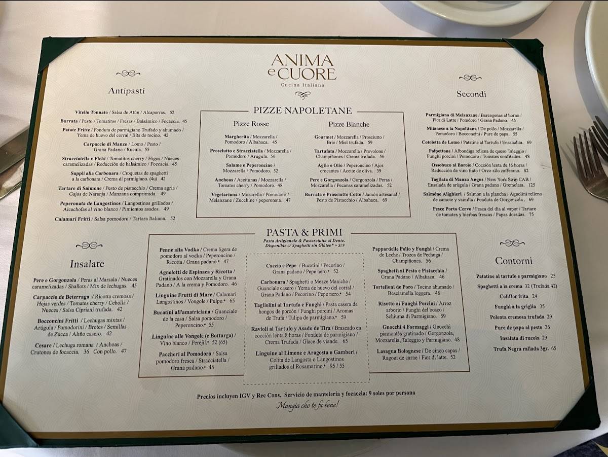 Carta del restaurante Anima e Cuore, Lima
