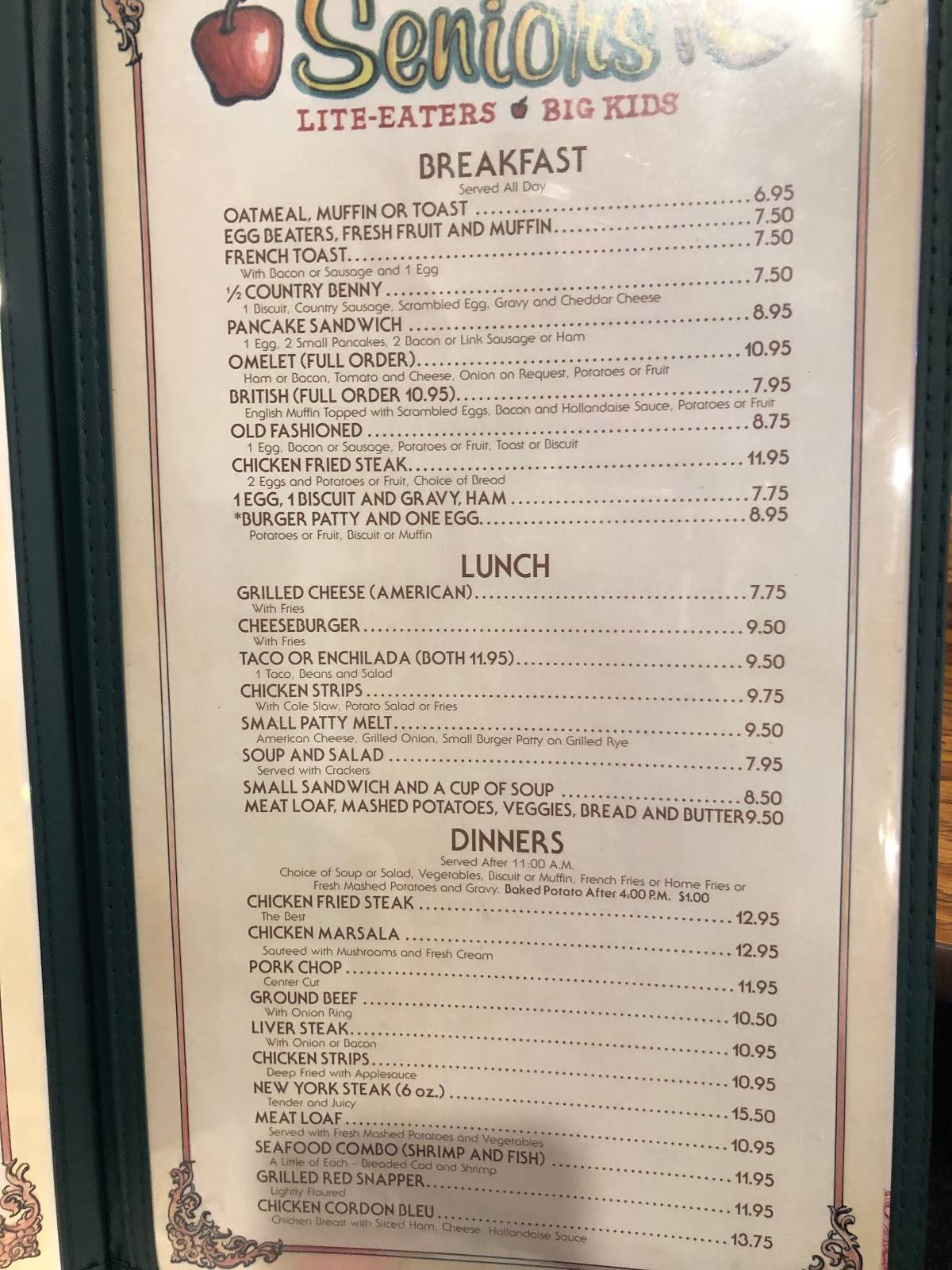 Menu at Apple Annie's restaurant, Tulare