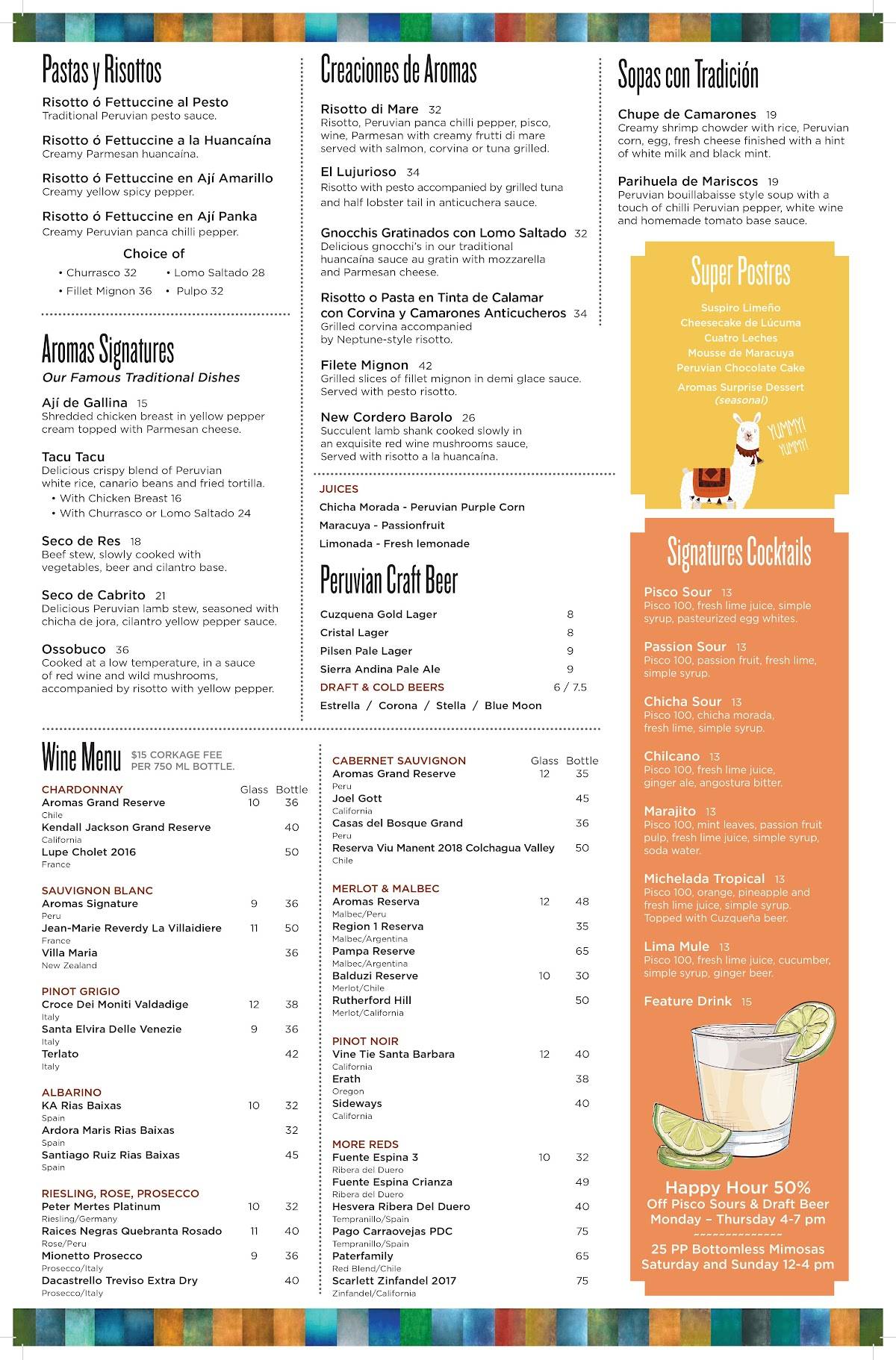 Menu at Aromas del Peru restaurant, The Hammocks