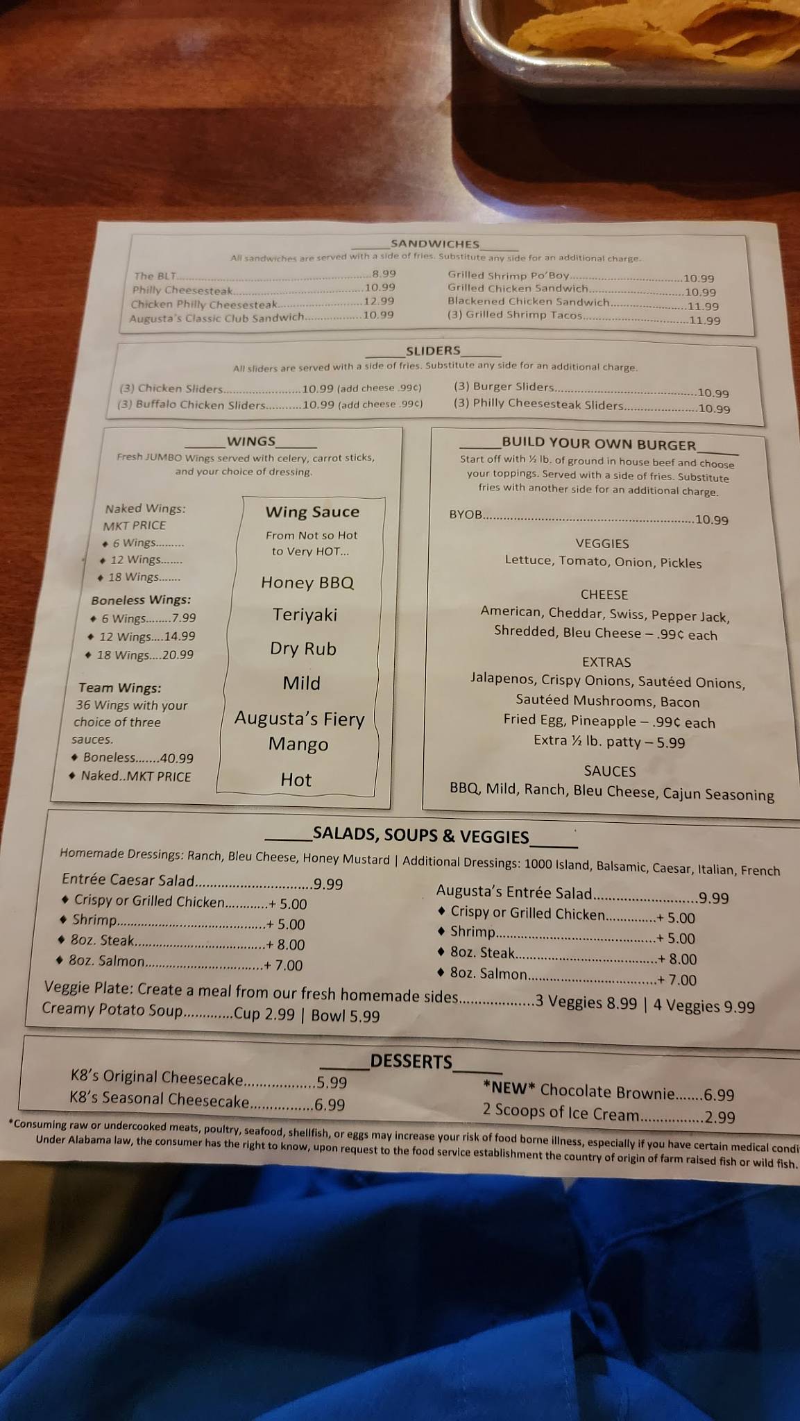 Menu at Augusta's Sports Grill pub & bar, Cullman