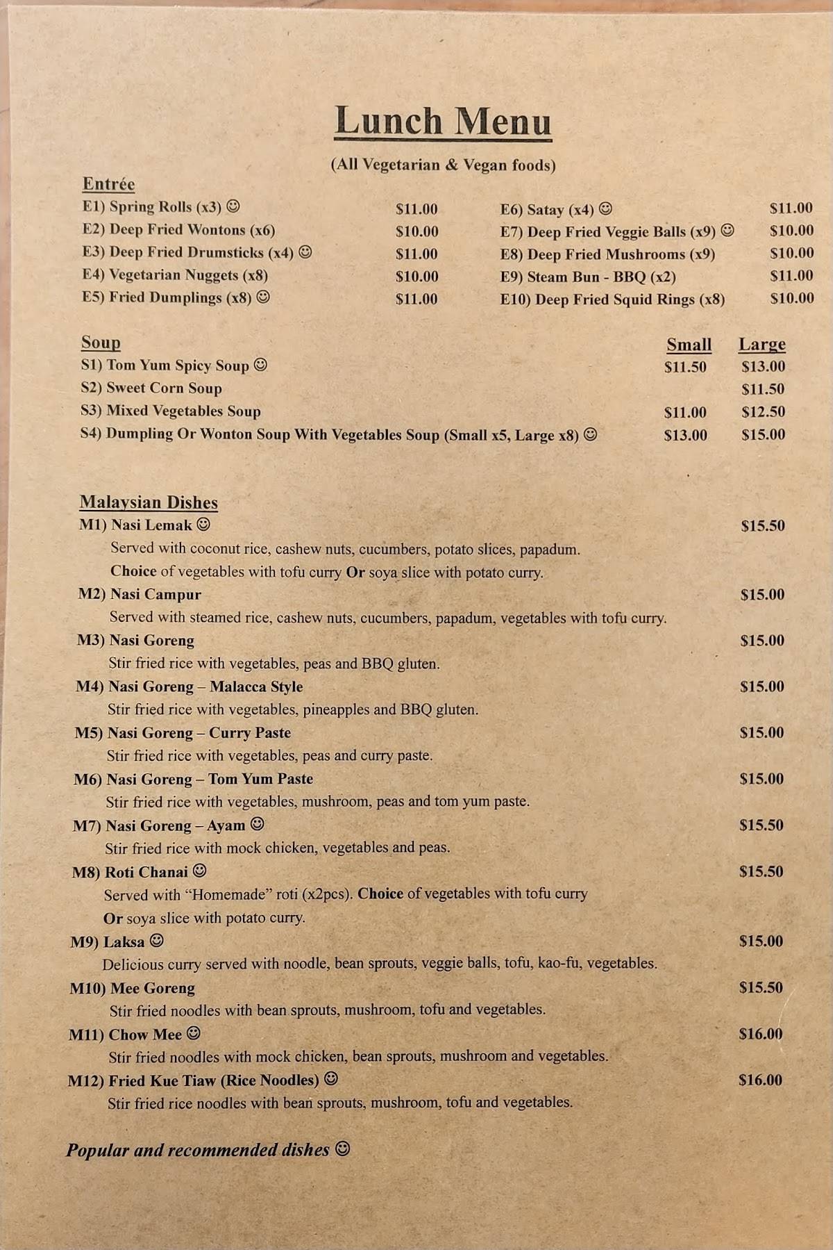 Menu at Aunty Mena's Vegetarian Restaurant & Cafe, Wellington