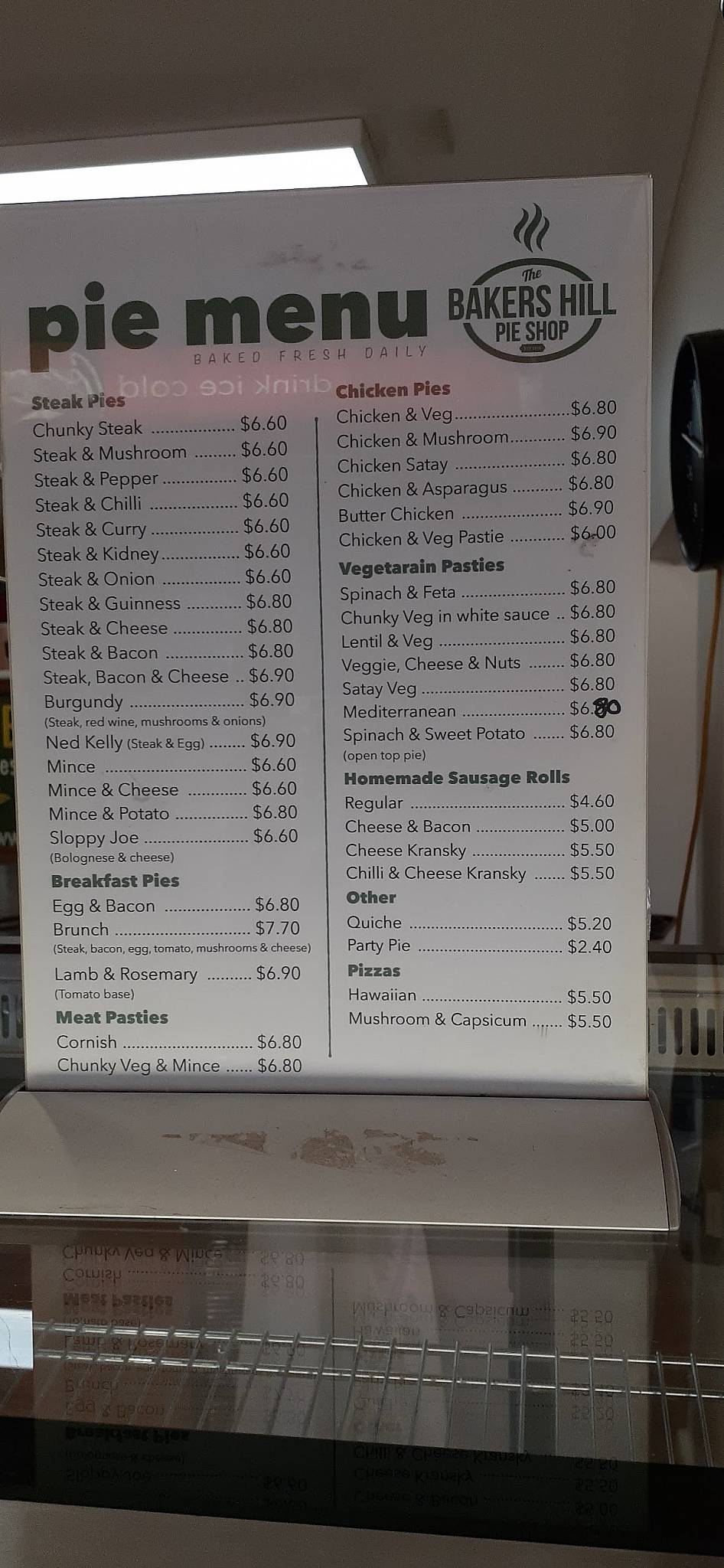 Menu at Bakers Hill Pie Shop restaurant, Bakers Hill