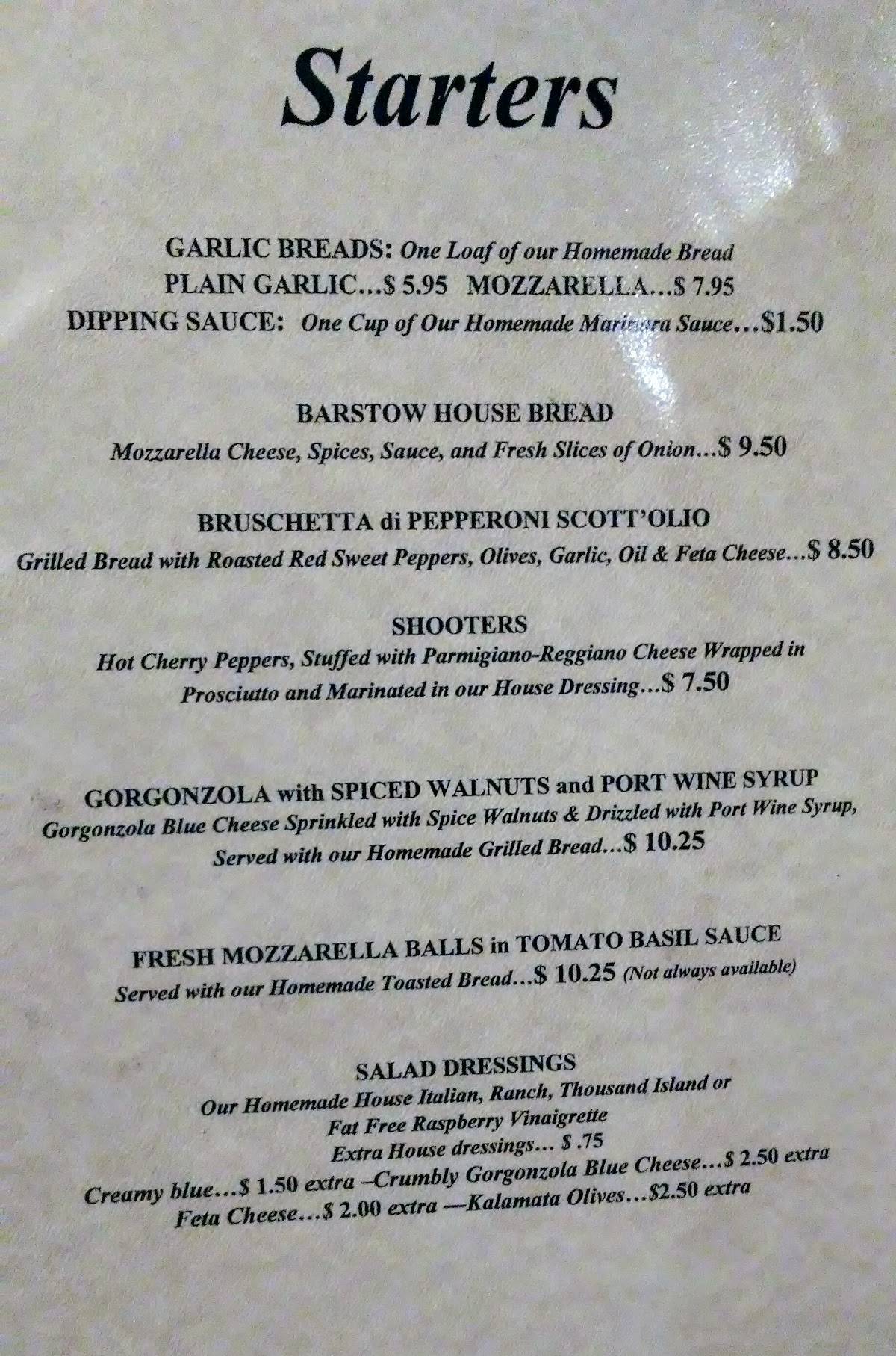 Menu at Barstow House, Nichols, 35 River St