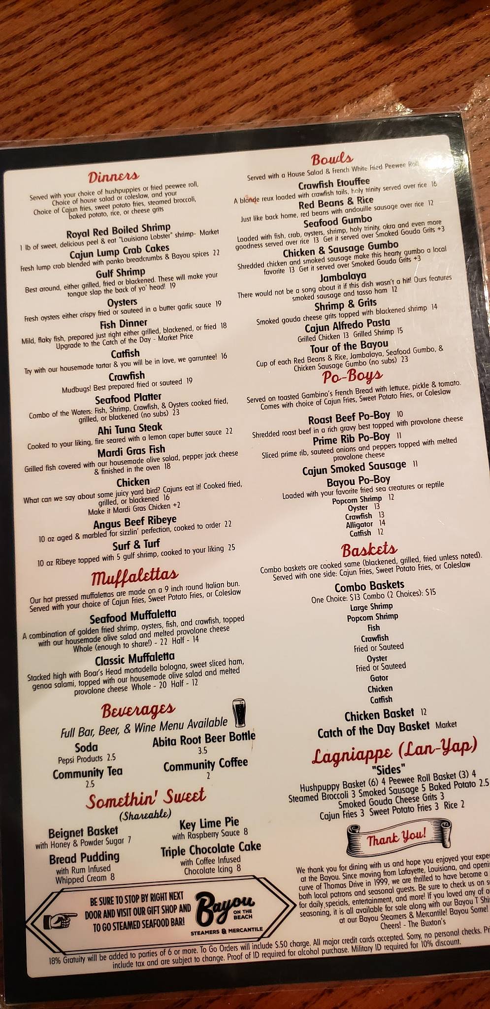 Menu at Bayou on the Beach restaurant, Panama City Beach, Hutchison Blvd