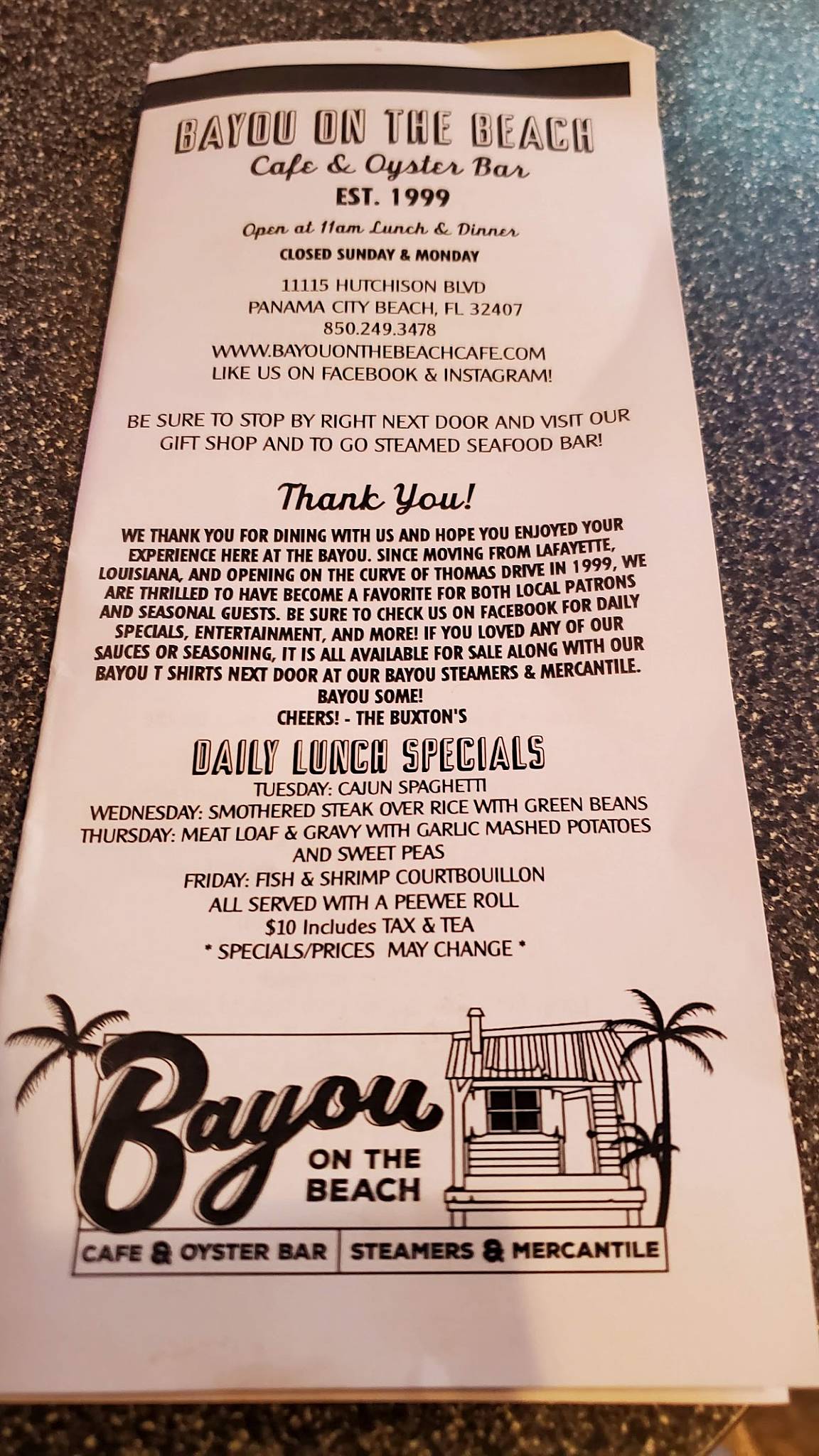Menu at Bayou on the Beach restaurant, Panama City Beach, Hutchison Blvd