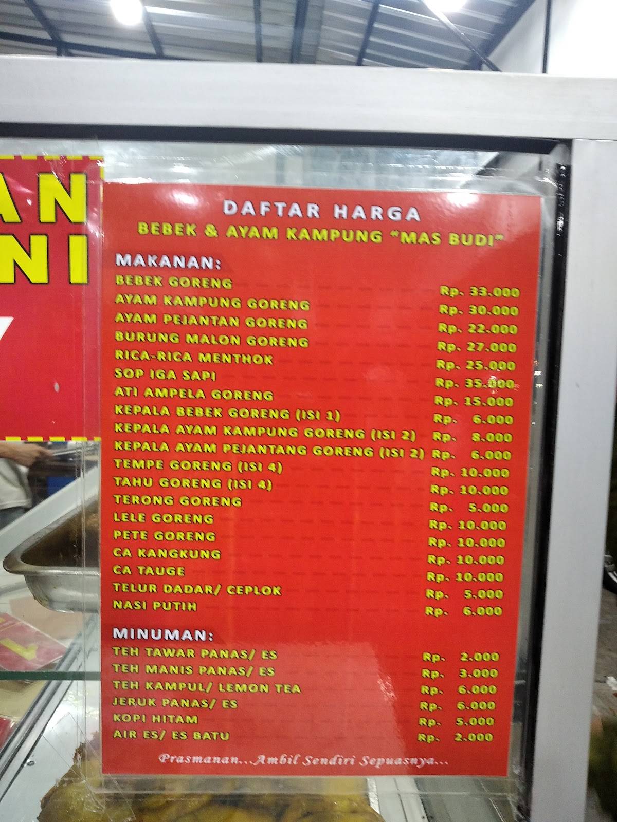 Carta del restaurante Bebek & Ayam Kampung MAS BUDI, Semarang, Jl. RA ...
