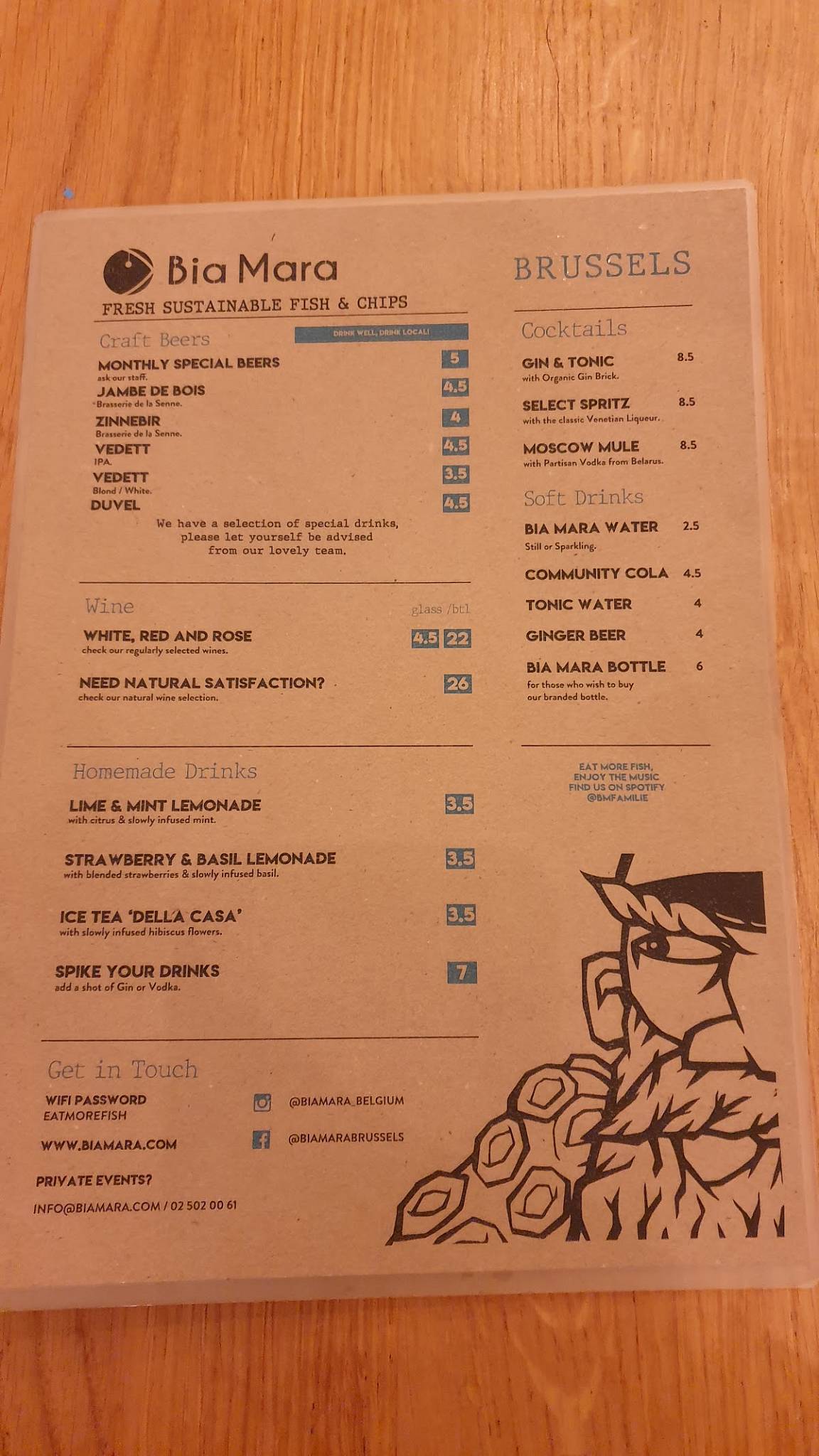 Menu at Bia Mara, Brussels, Rue du Marché aux Poulets 41