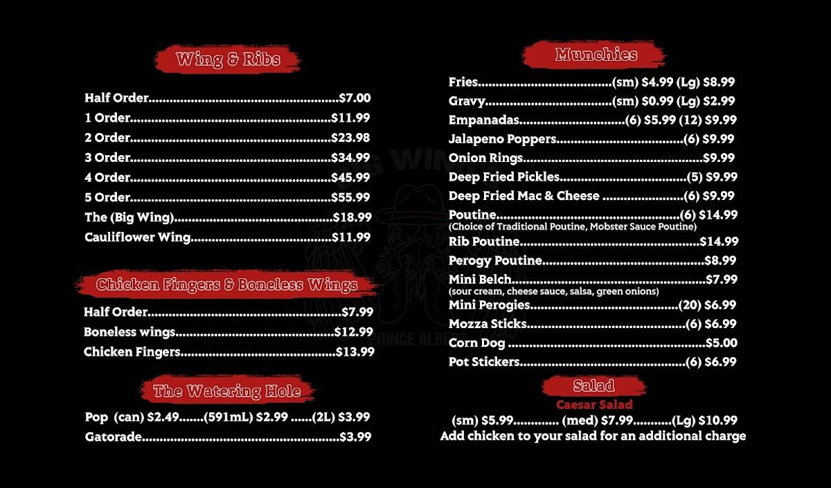 Menu at Big Wing's Prince Albert restaurant, Prince Albert