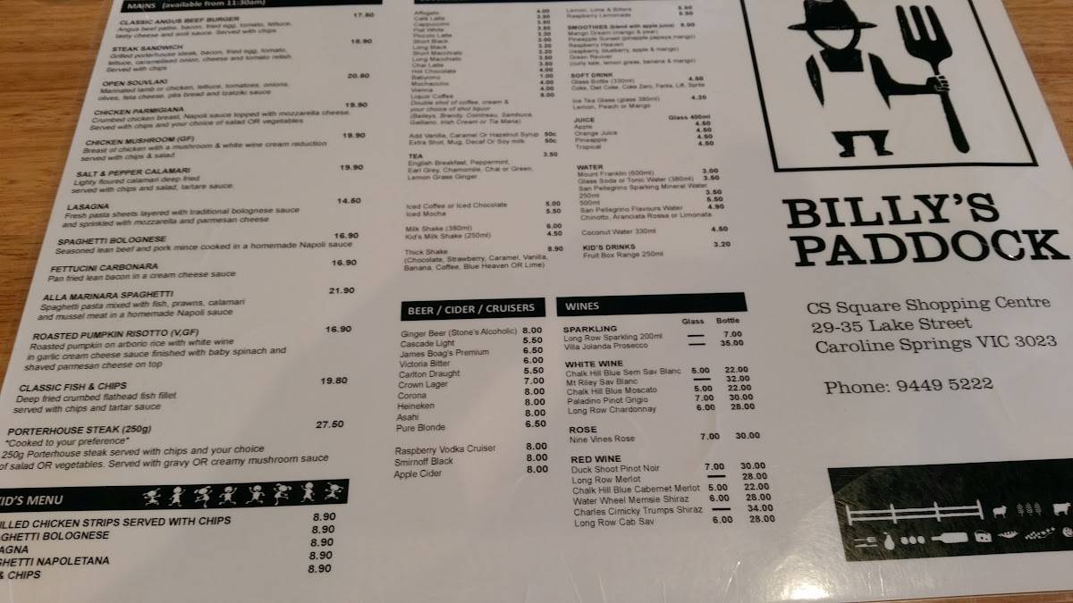 Menu at Billy's Paddock restaurant, Caroline Springs