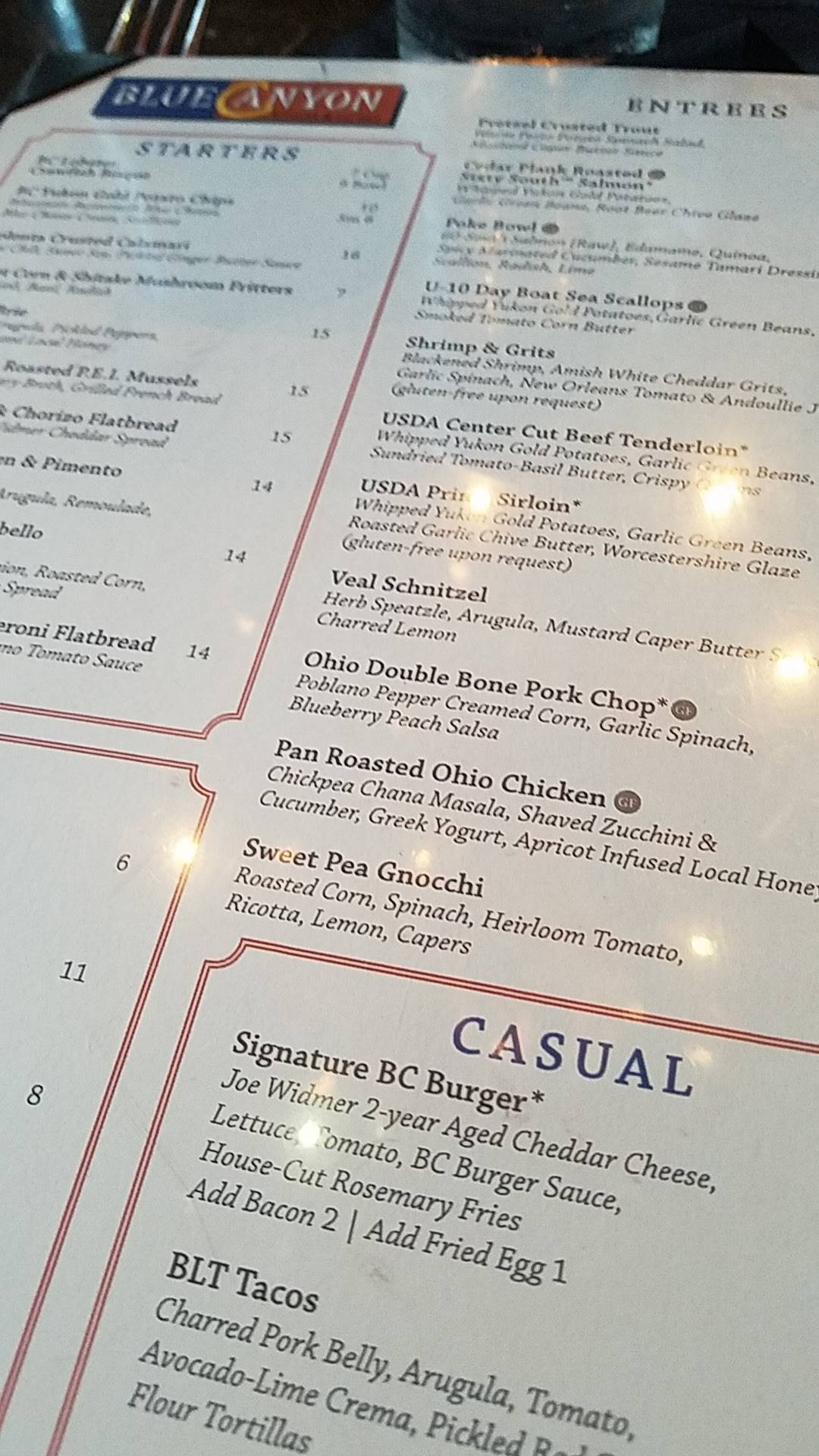 Menu at Blue Canyon Kitchen & Tavern restaurant, Twinsburg