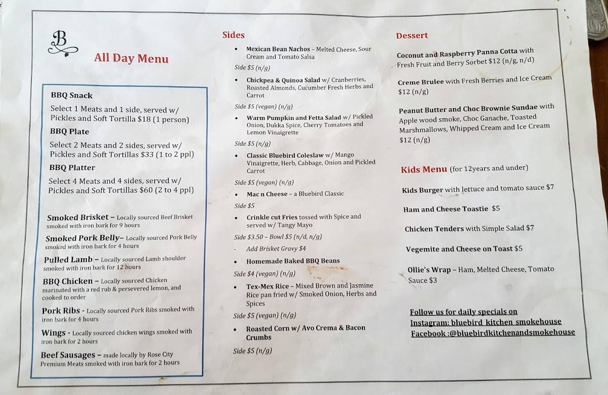 Menu at Bluebird Kitchen and Smokehouse restaurant, Warwick
