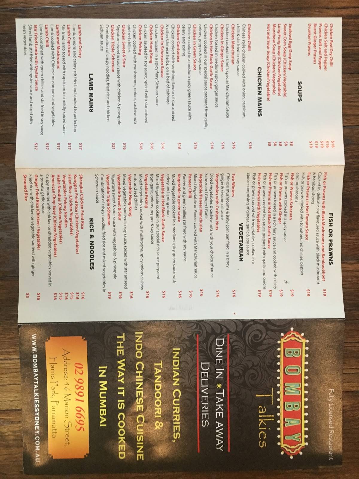 Menu at Bombay Talkies restaurant, Harris Park