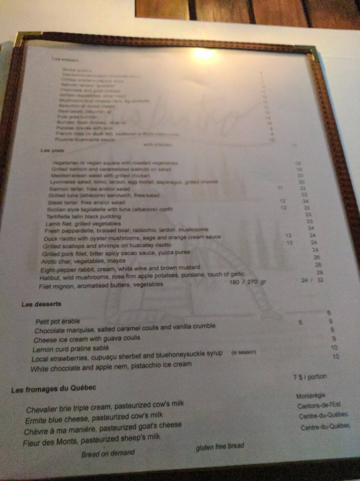 Menu at Boris Bistro restaurant, Montréal