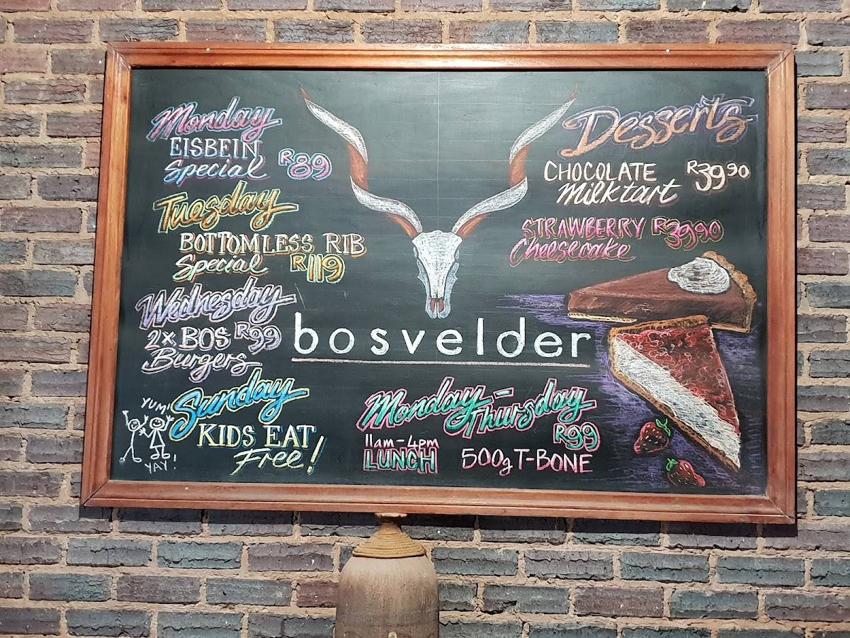 Menu at Bosvelder Pub & Restaurant, Centurion