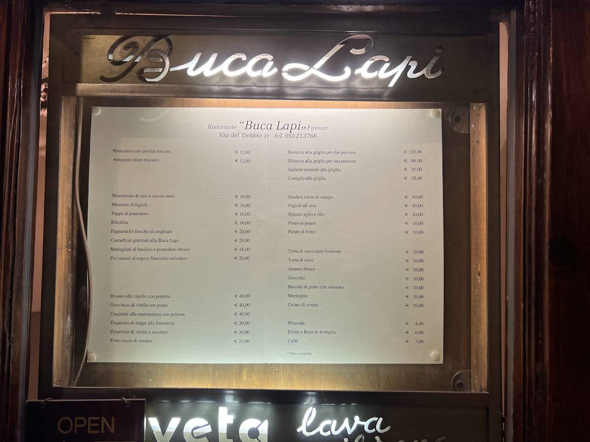 Menu at Buca Lapi restaurant, Florence