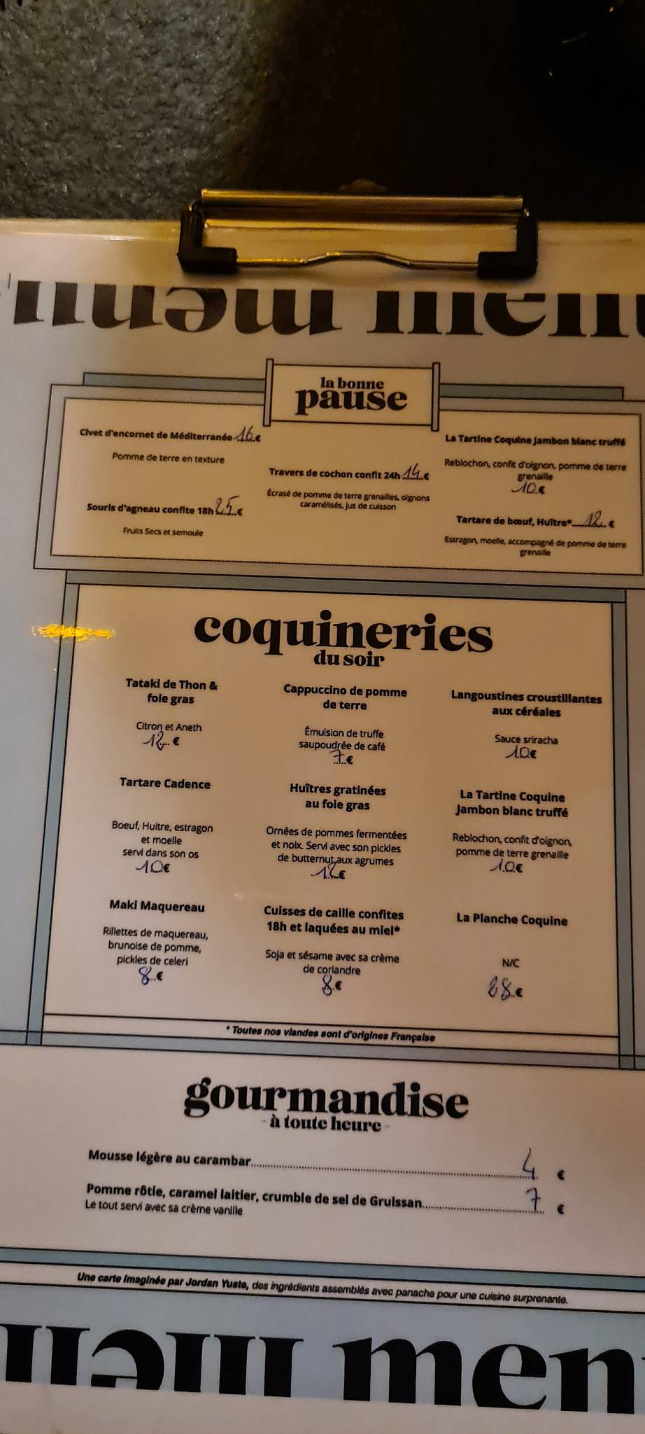 Carta del restaurante Cadence Narbonne, Narbona